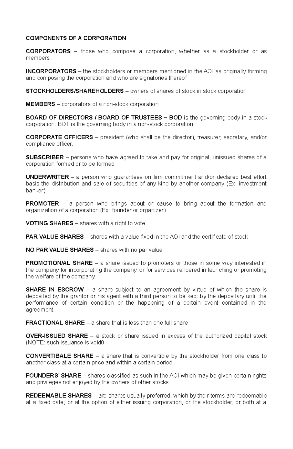 Notes in Corpo 2019 - COMPONENTS OF A CORPORATION CORPORATORS – those ...