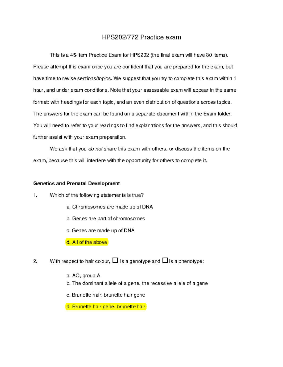 Prac exam questions - HPS202/772 Practice exam This is a 45-item ...