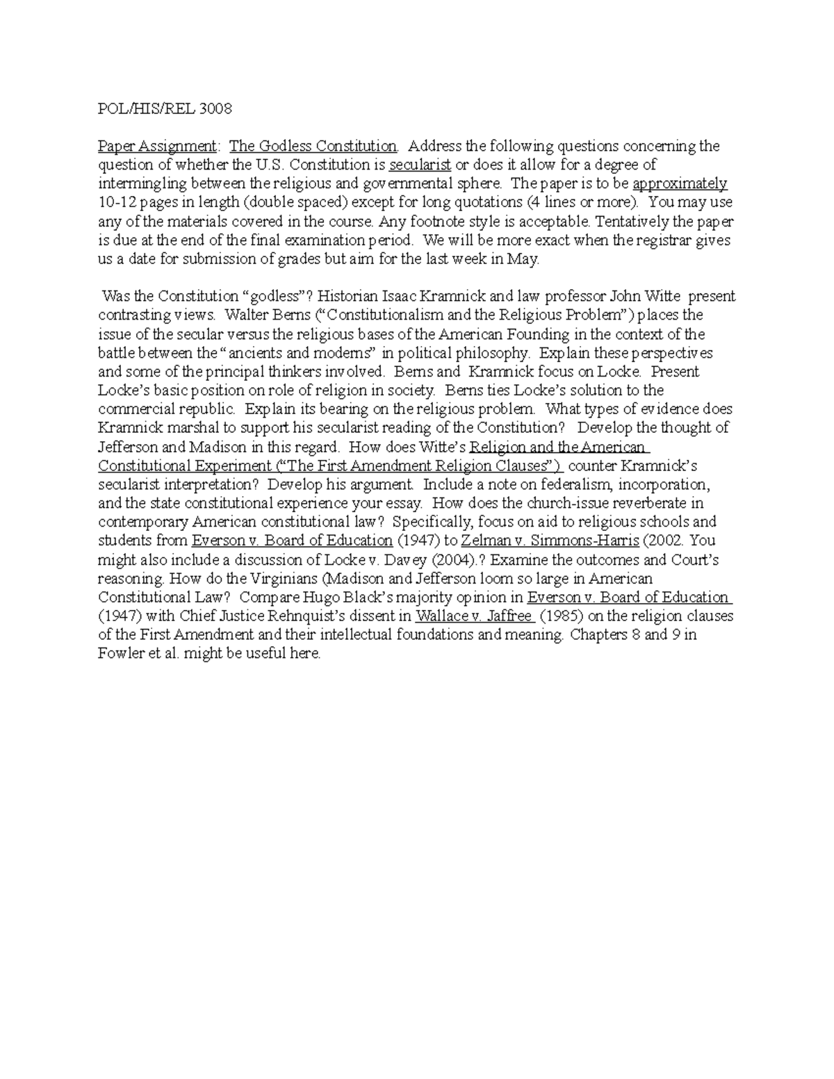 Essay 2015 - POL/HIS/REL 3008 Paper Assignment: The Godless ...