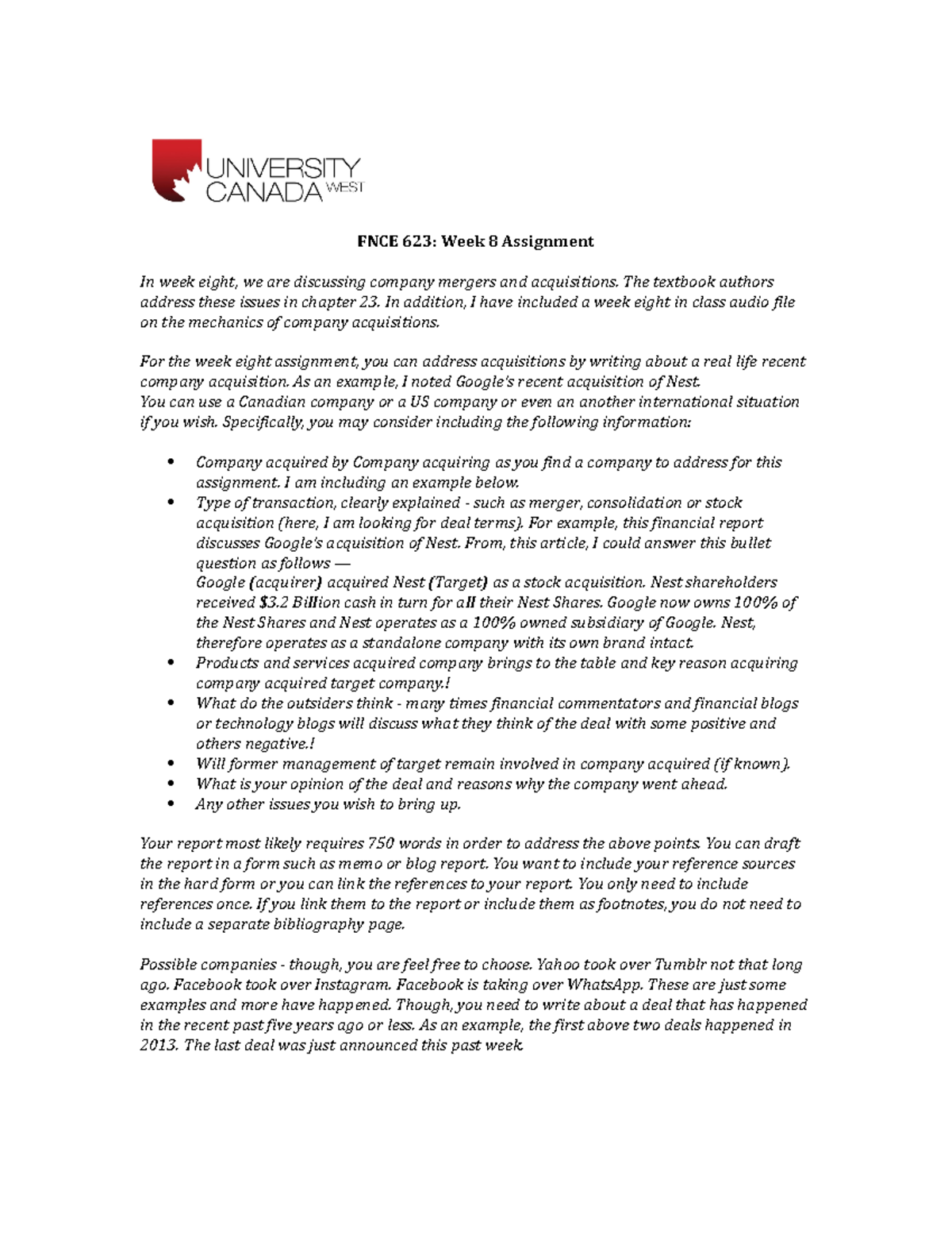 Week 8 Assignment - FNCE 623: Week 8 Assignment In week eight, we are ...