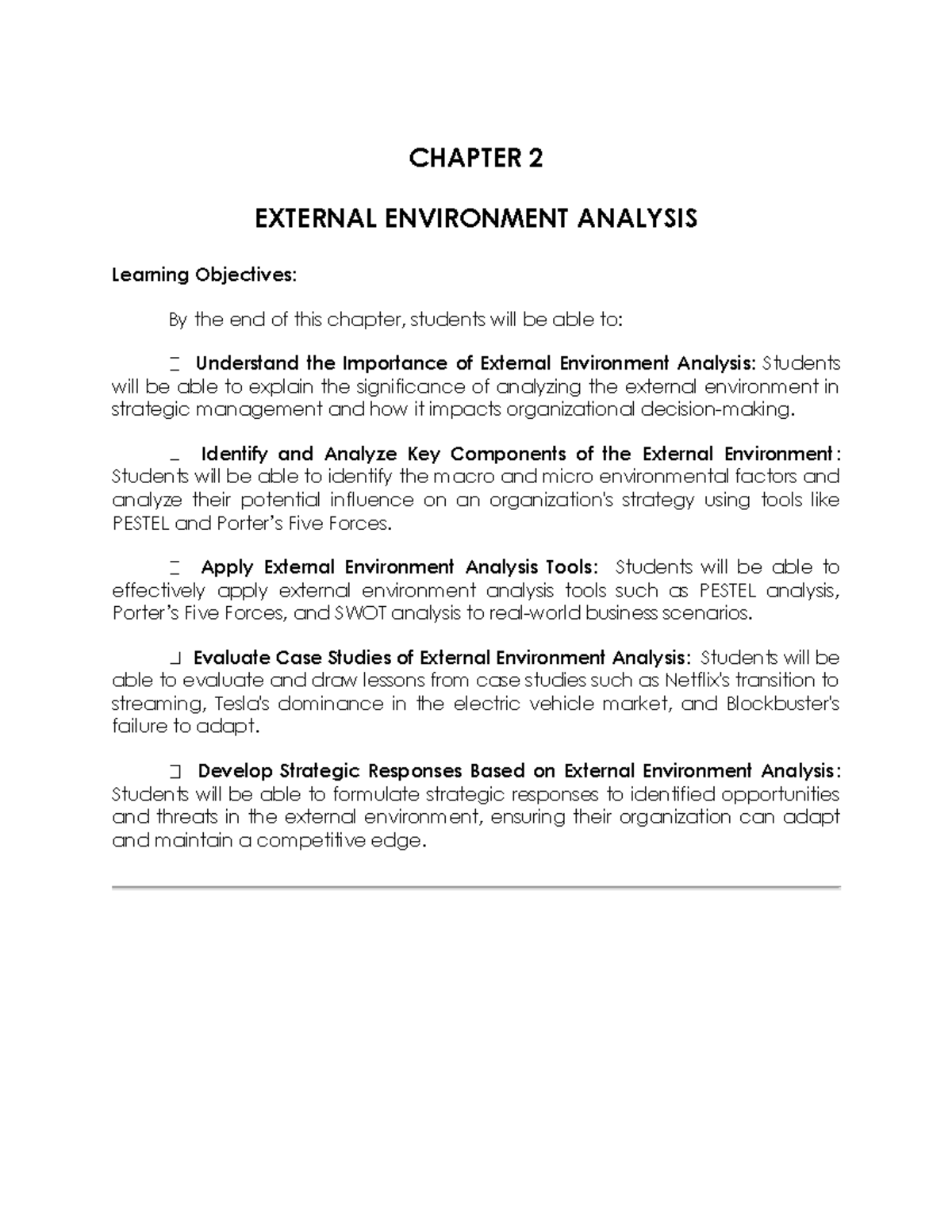 Strama- Chapter-2 - CHAPTER 2 EXTERNAL ENVIRONMENT ANALYSIS Learning Objectives: By the end of ...
