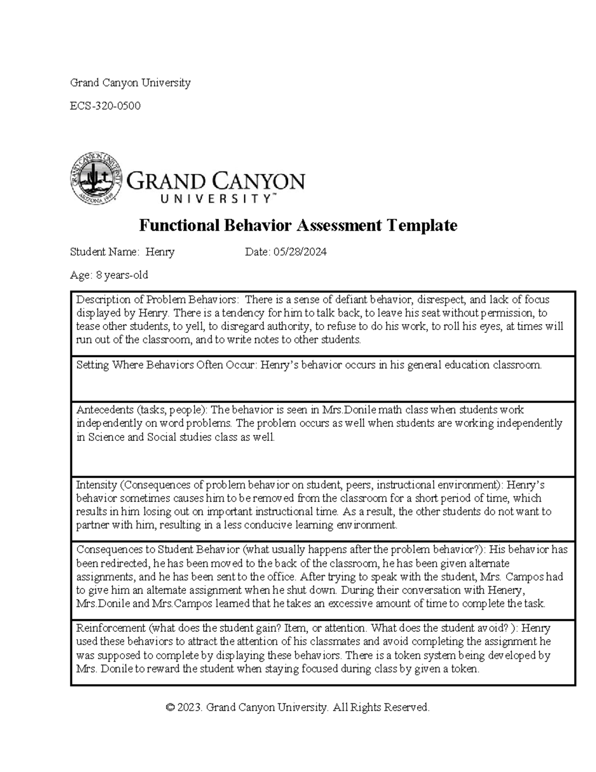 ECS 320 T5 Functional Behavior Assessment Template - Grand Canyon ...