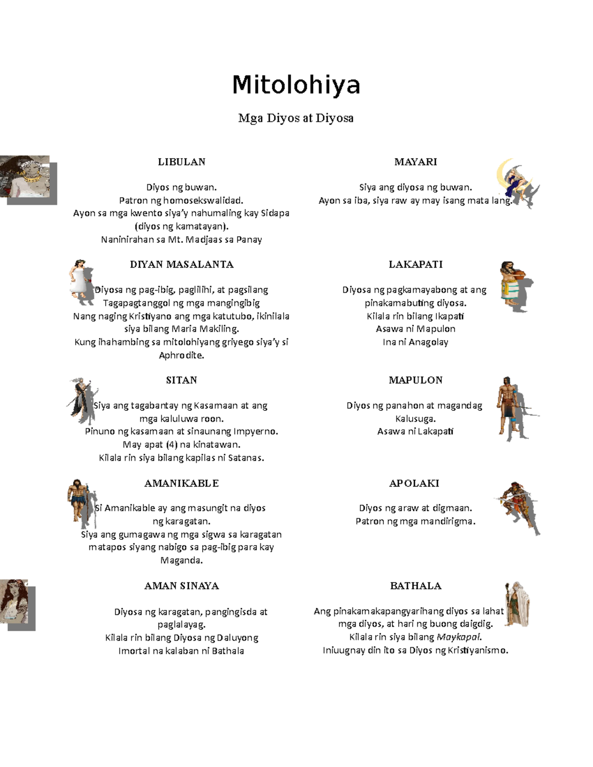 Midterm Gawain 2 - Mitolohiya - Mitolohiya Mga Diyos at Diyosa LIBULAN Diyos ng buwan. Patron ng ...