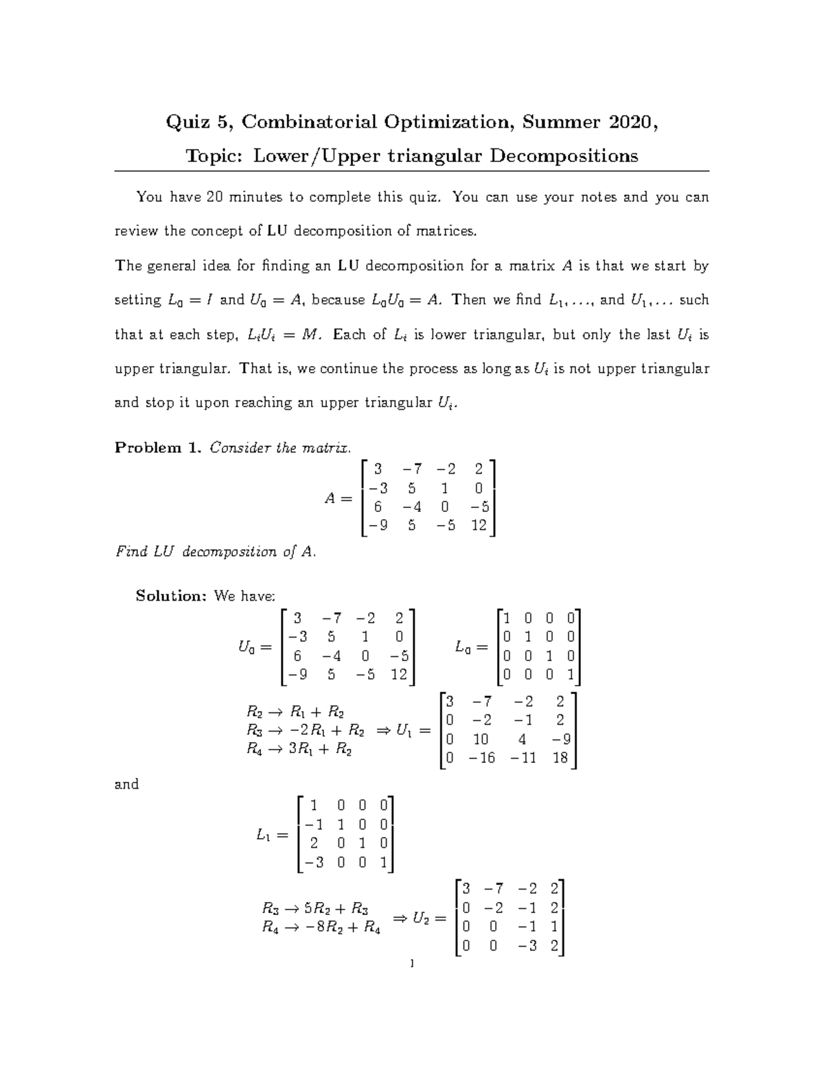 Quiz5 Lower Upper Triangular Decompositions Quiz 5 Combinatorial Optimization Summer 2020