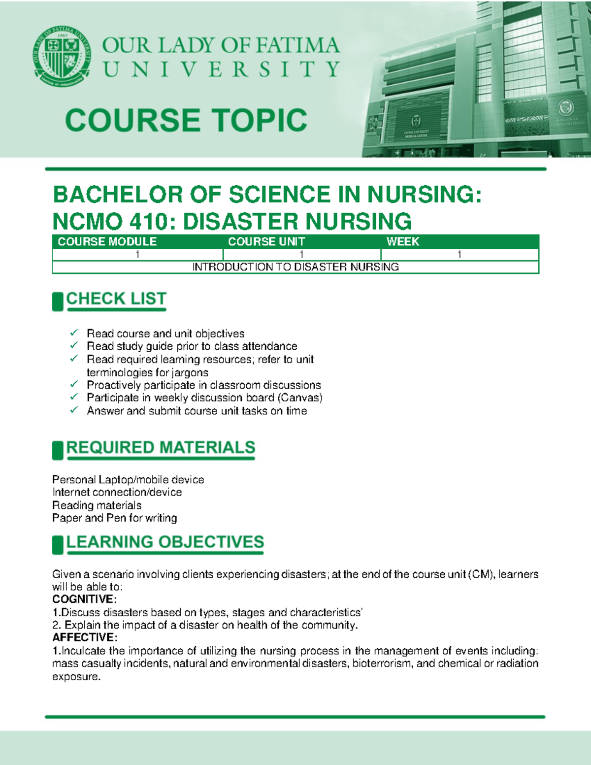 Course UNIT- CU1 Intro TO Disaster Nursing-5 - BACHELOR OF SCIENCE IN ...