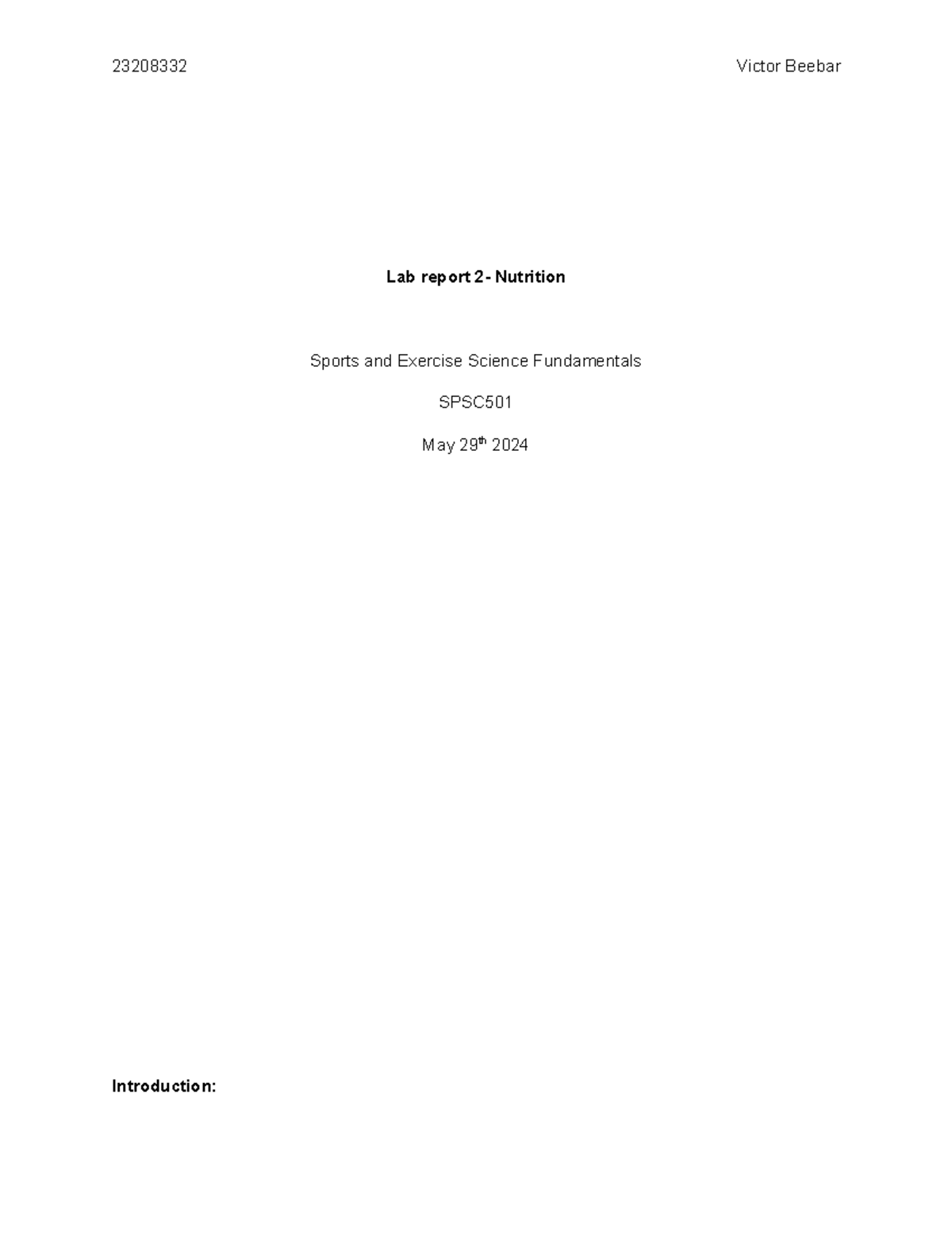 Lab report 2 - Nutrition - Lab report 2- Nutrition Sports and Exercise ...