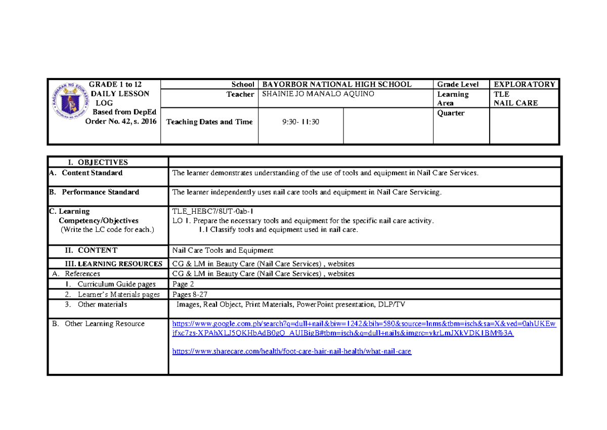 LO1 (1 - GRADE 1 to 12 DAILY LESSON LOG Based from DepEd Order No. 42 ...