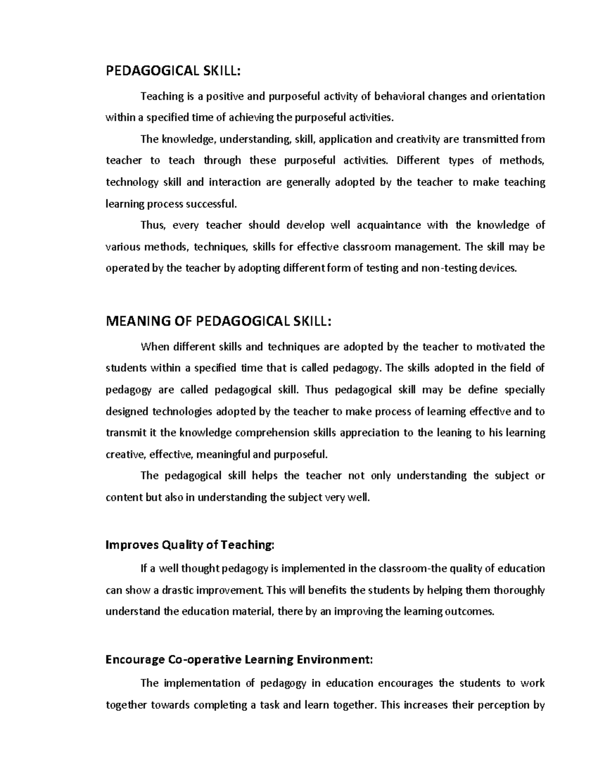 A Project Report ON Checklist - PEDAGOGICAL SKILL: Teaching is a positive and purposeful ...