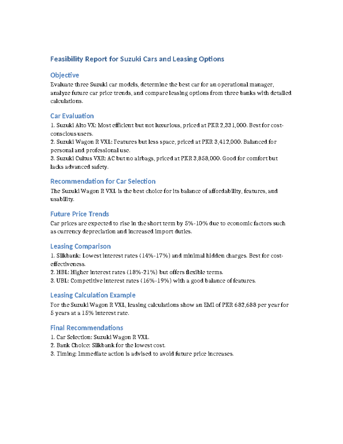 Suzuki Feasibility Report - Feasibility Report for Suzuki Cars and ...