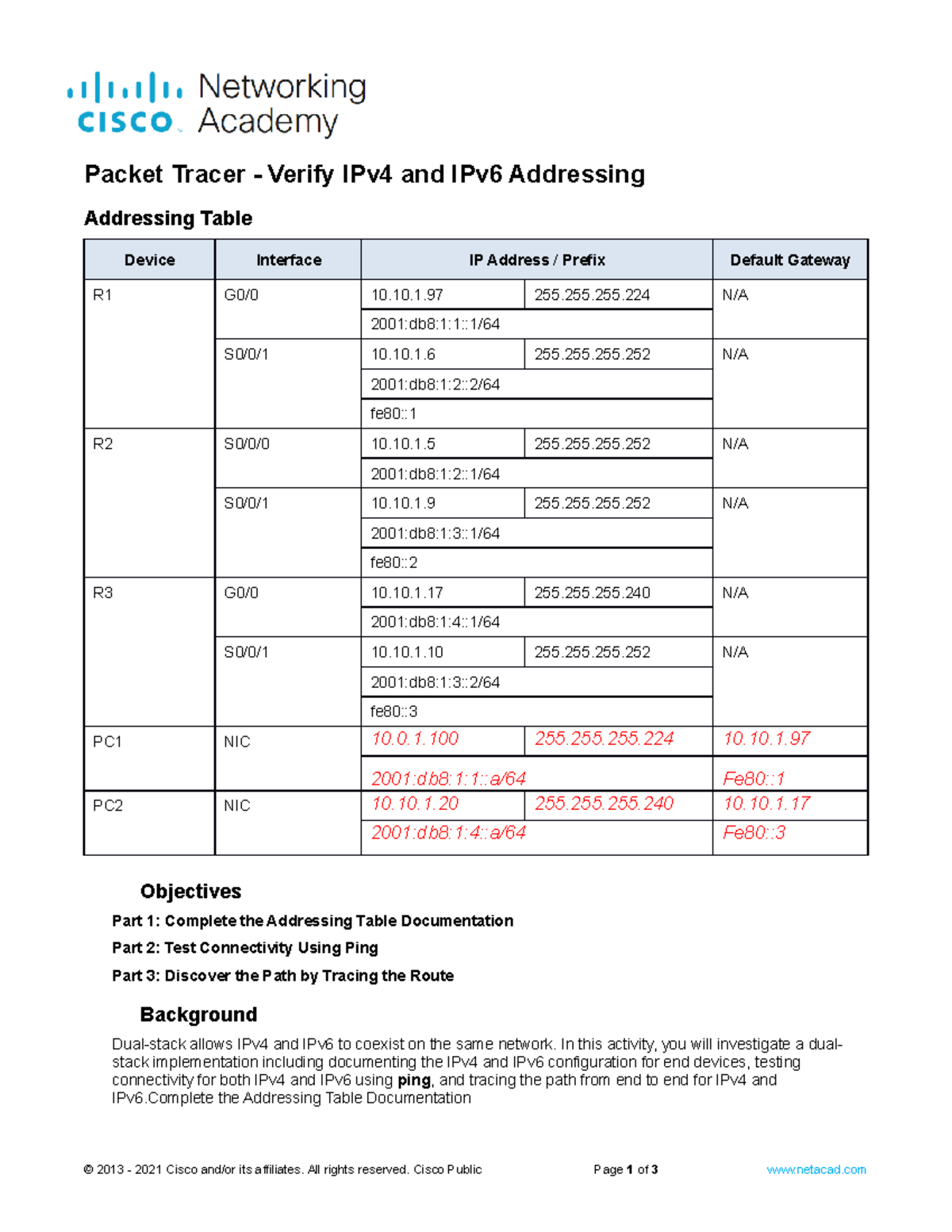 13.2.6 Packet Tracer - Verify IPv4 and IPv6 Addressing - Packet Tracer - Verify IPv4 and IPv6 ...