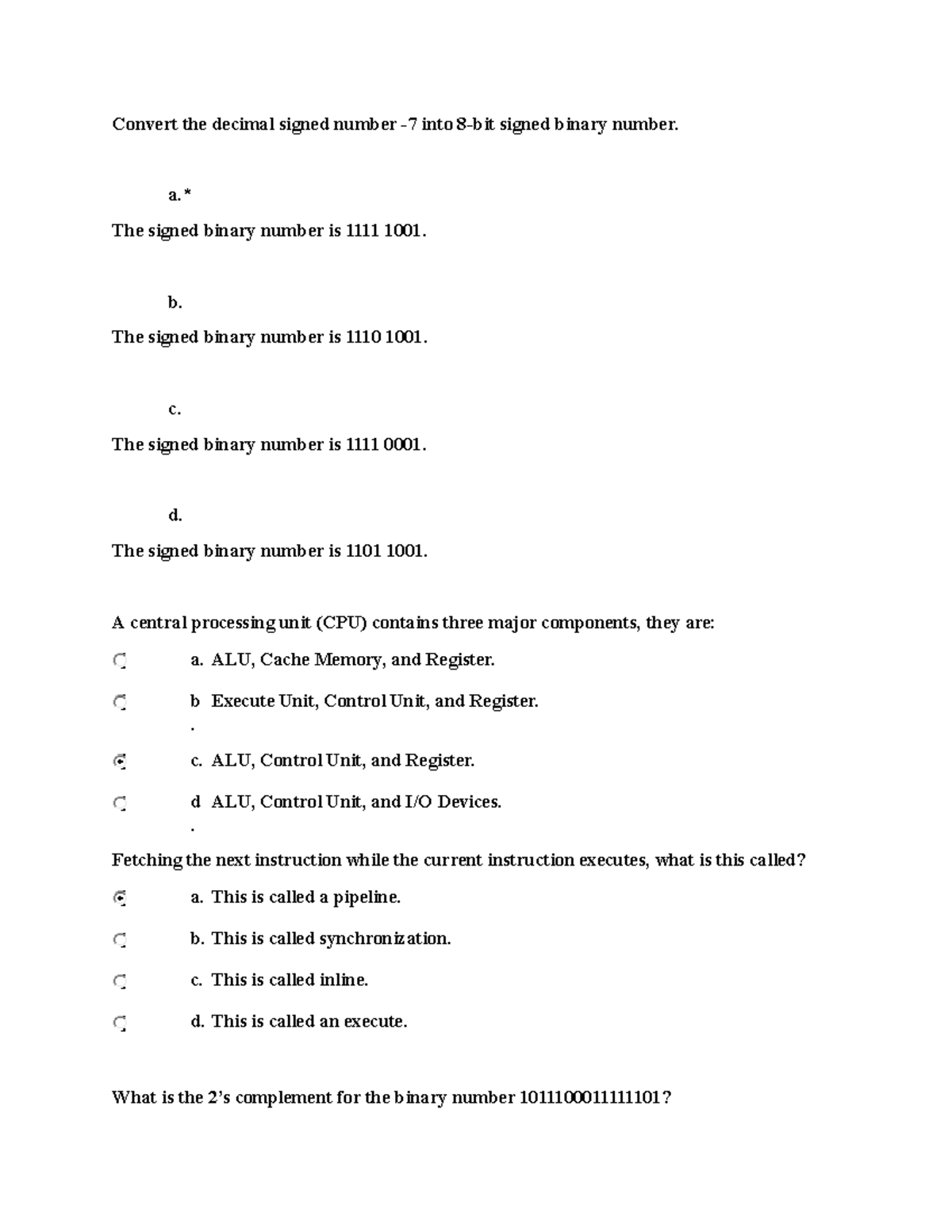 Quiz 01 - quiz_01 - Convert the decimal signed number -7 into 8-bit ...