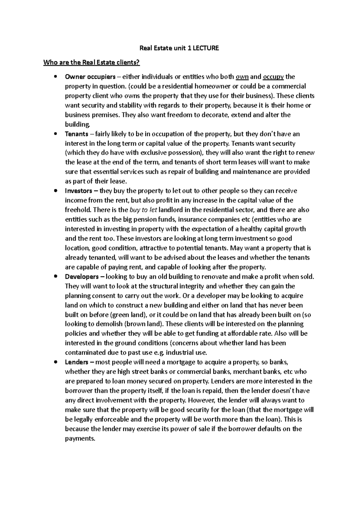 Real estate unit 1 lecture - Real Estate unit 1 LECTURE Who are the ...