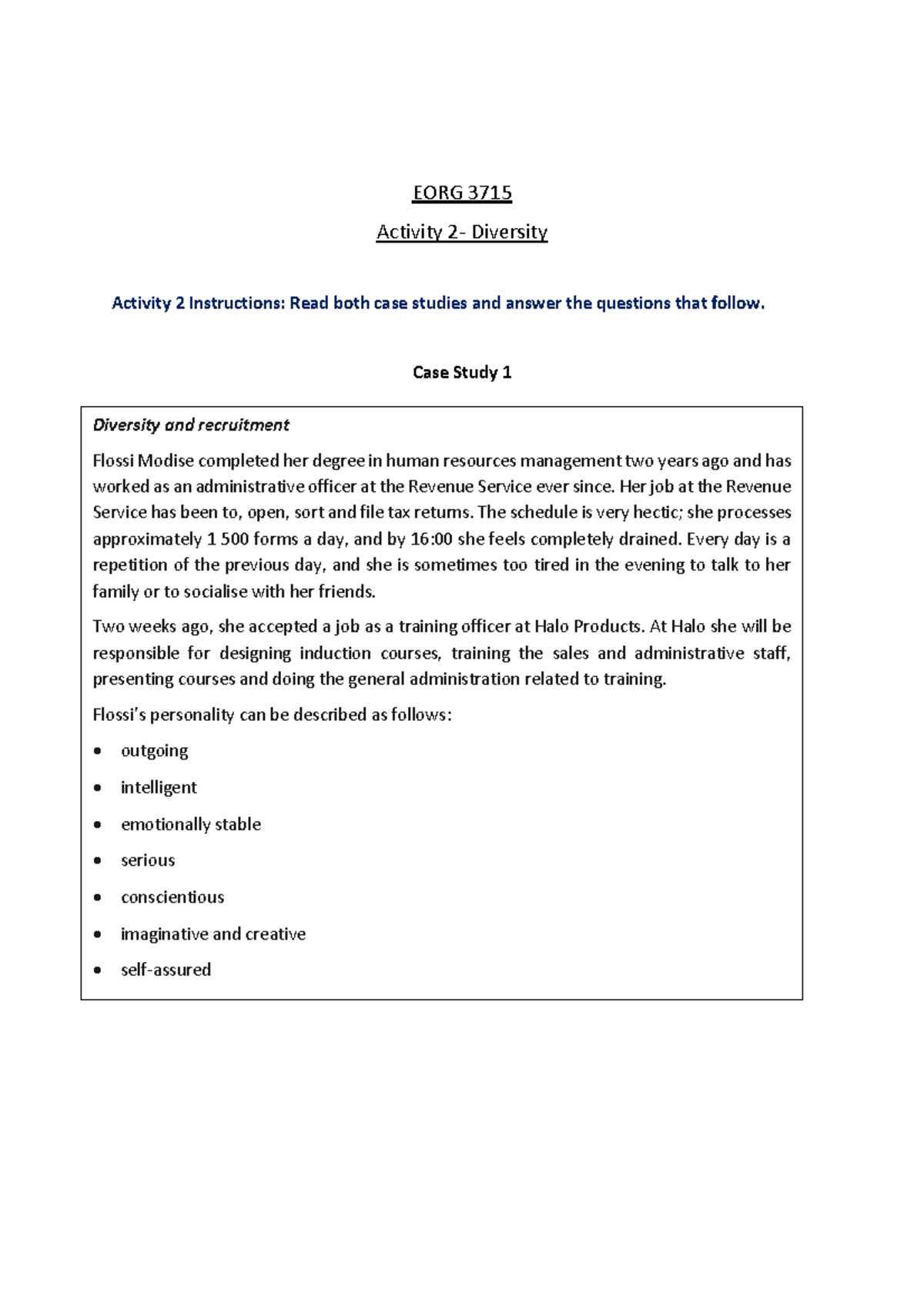 EORG 3715 Activity 2 - EORG 3715 Activity 2- Diversity Activity 2 ...