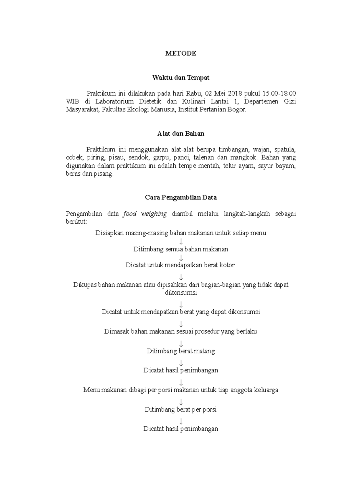 Metode Food Weighing - METODE Waktu dan Tempat Praktikum ini dilakukan ...
