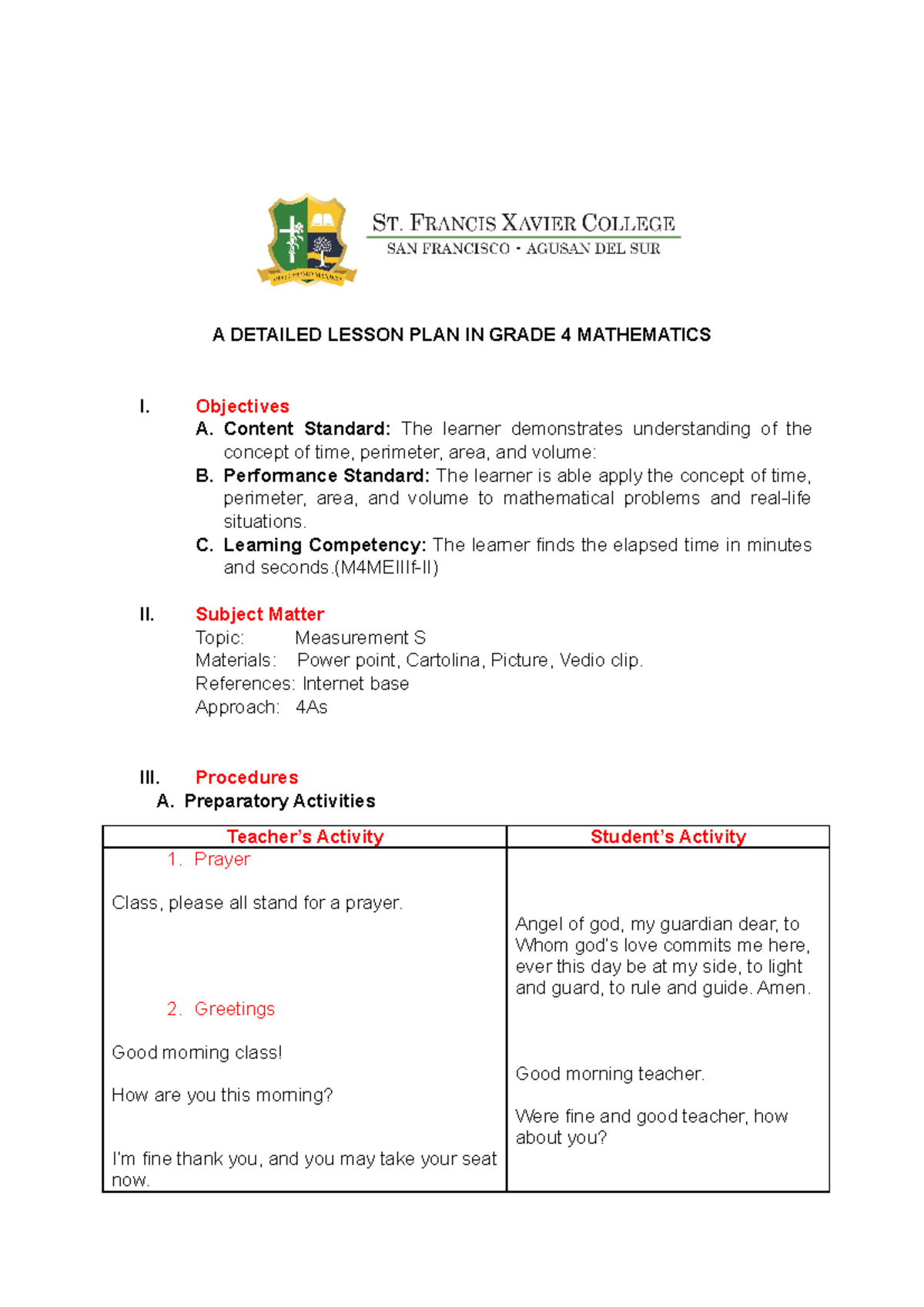 Weekly 3 Final MATH 4 Measurment Weekly A DETAILED LESSON PLAN IN 
