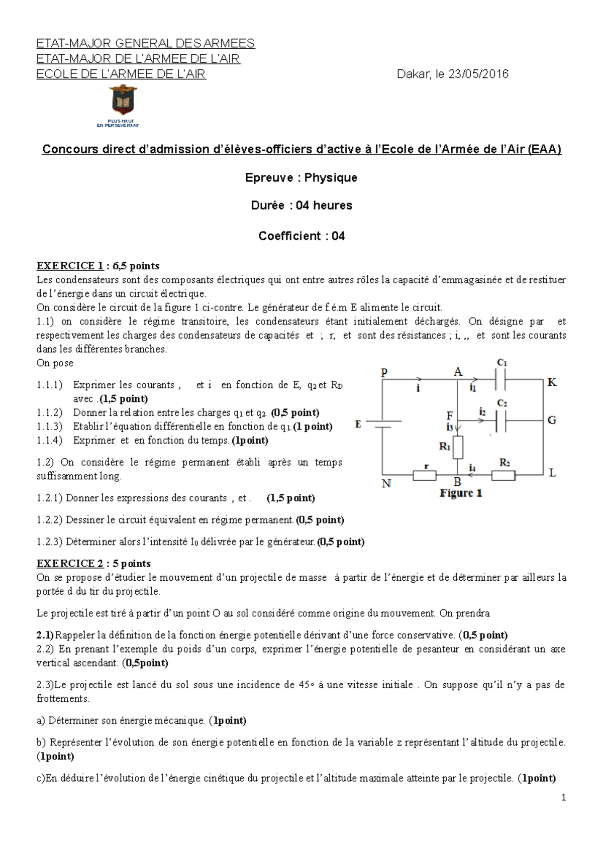 Epreuve- Physique-2016 - ETAT-MAJOR GENERAL DES ARMEES ETAT-MAJOR DE L ...