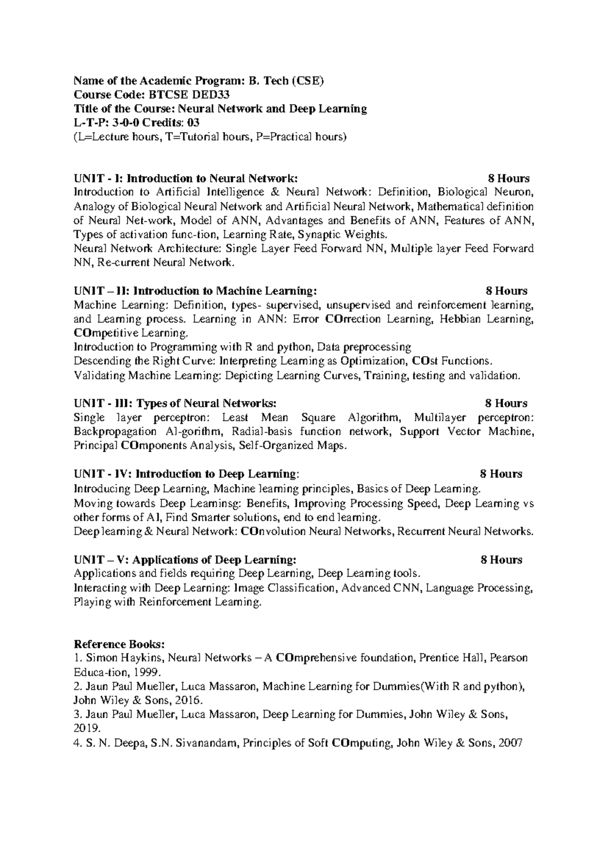 Deep Learning and Neural network syllabus - Name of the Academic ...