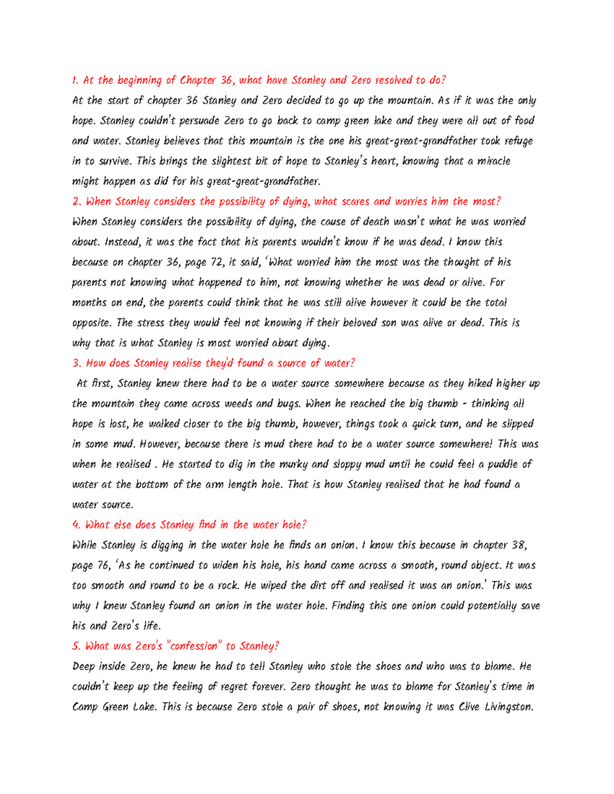 Holes comprehension week 4 - At the beginning of Chapter 36, what have ...