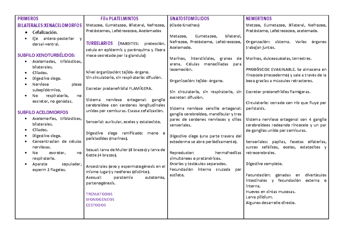 Esquema zoo - PRIMEROS BILATERALES:XENACELOMORFOS Cefalización. Eje antero-posterior y - Studocu