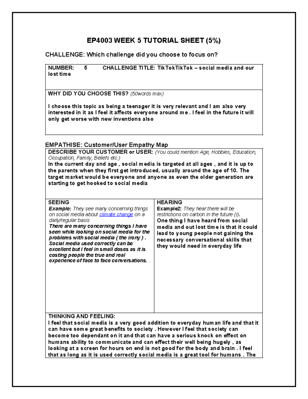 Tutorial Week 5 Worksheet copy 1 - EP4003 WEEK 5 TUTORIAL SHEET (5%) CHALLENGE: Which challenge ...