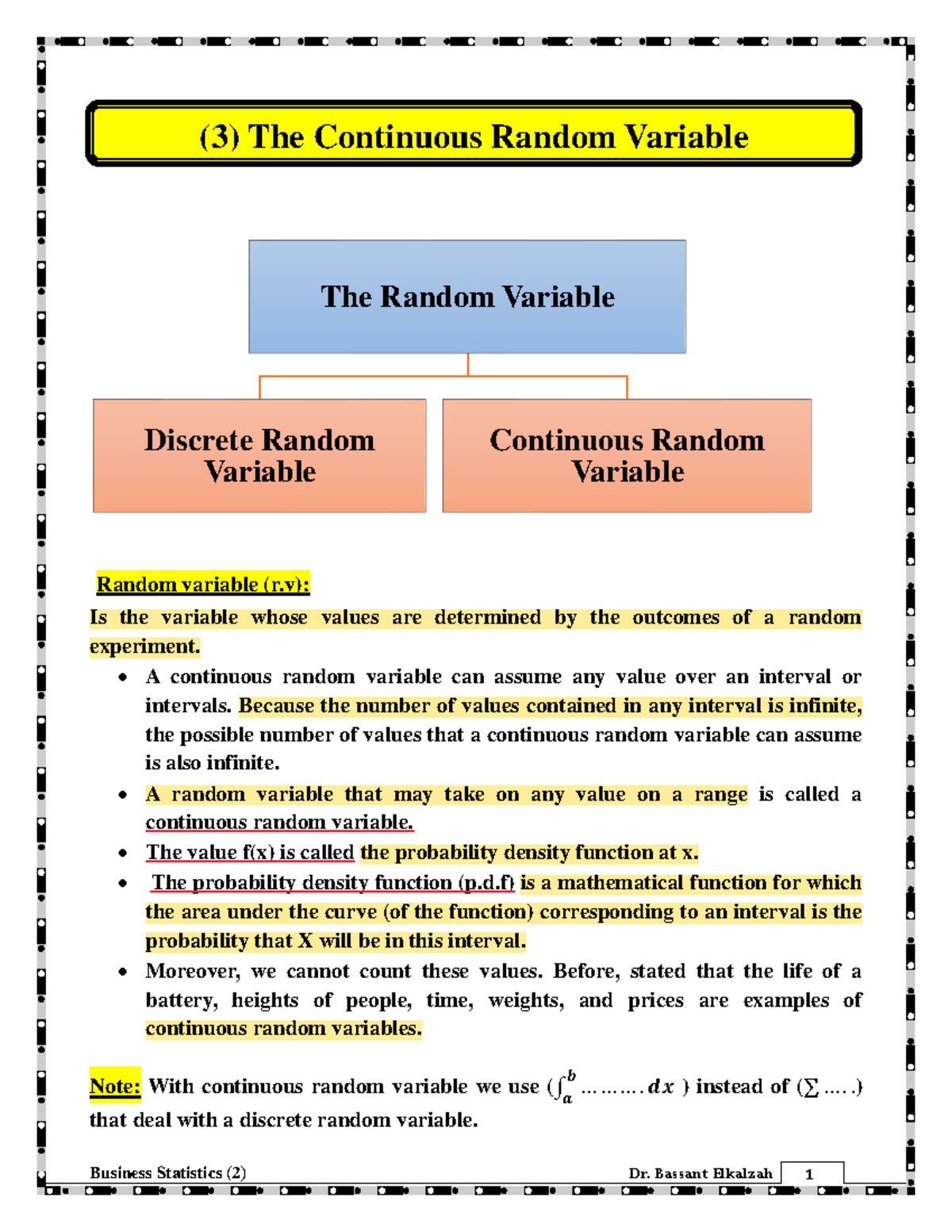 The Continuous Prob. - (3) The Continuous Random Variable Random ...