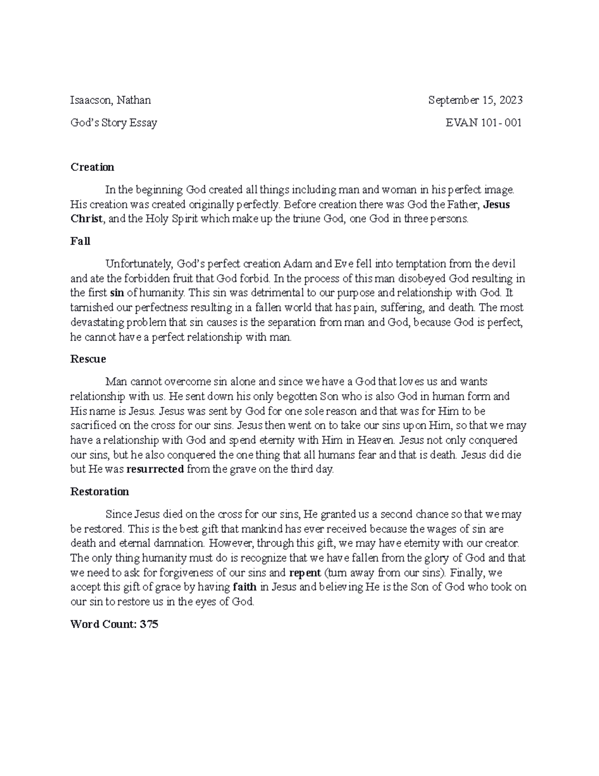 God's Story - Isaacson, Nathan September 15, 2023 God’s Story Essay ...