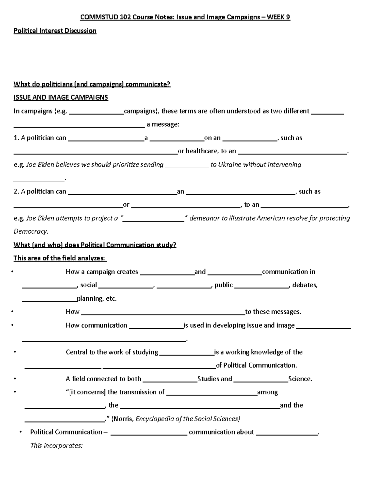 C Ommstud 102 Notes - Week 9 - COMMSTUD 102 Course Notes: Issue and ...