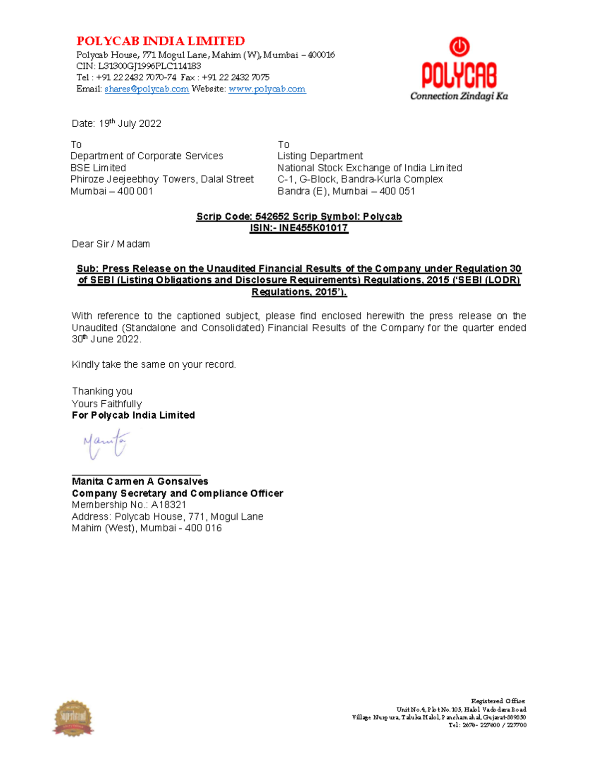 PIL Press Release-Q1FY23 - POLYCAB INDIA LIMITED Polycab House, 771 ...