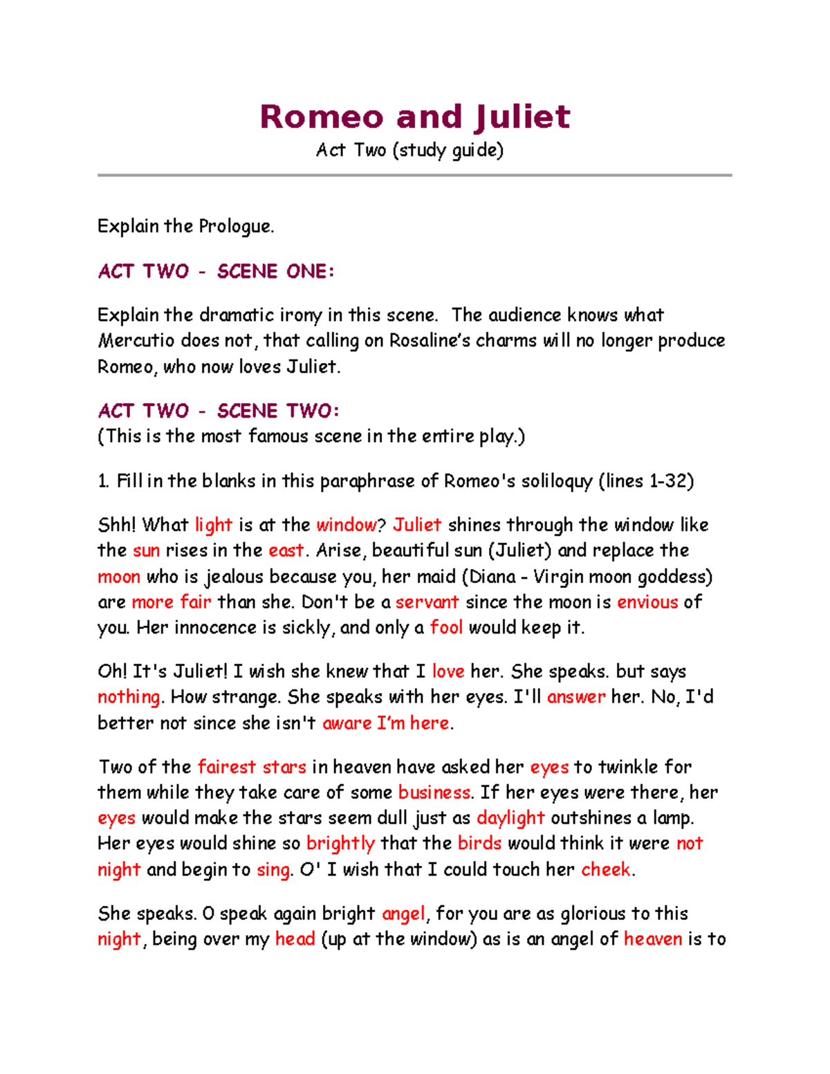 Act II Study Guide - practice - Romeo and Juliet Act Two (study guide ...