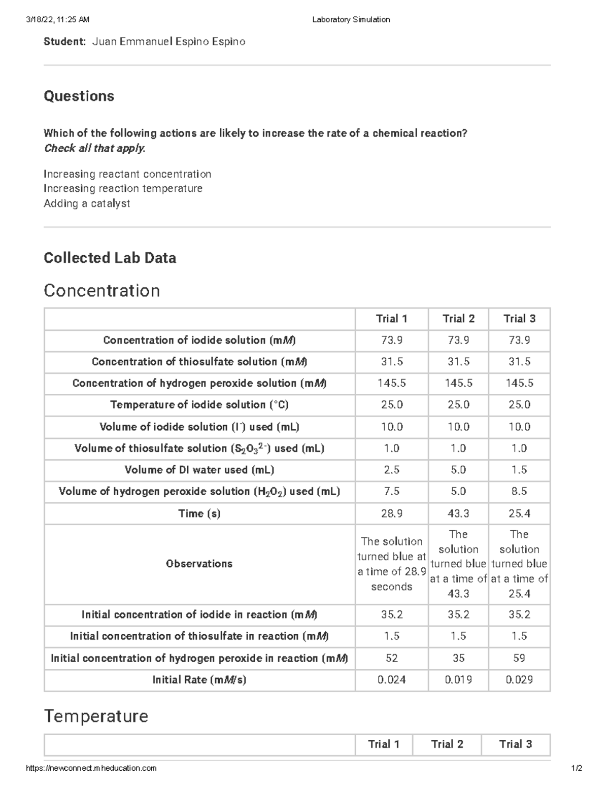 Experiment 1.2 Chemical Kinetics (Part 2 using Mc Graw Hill Connect Lab ...