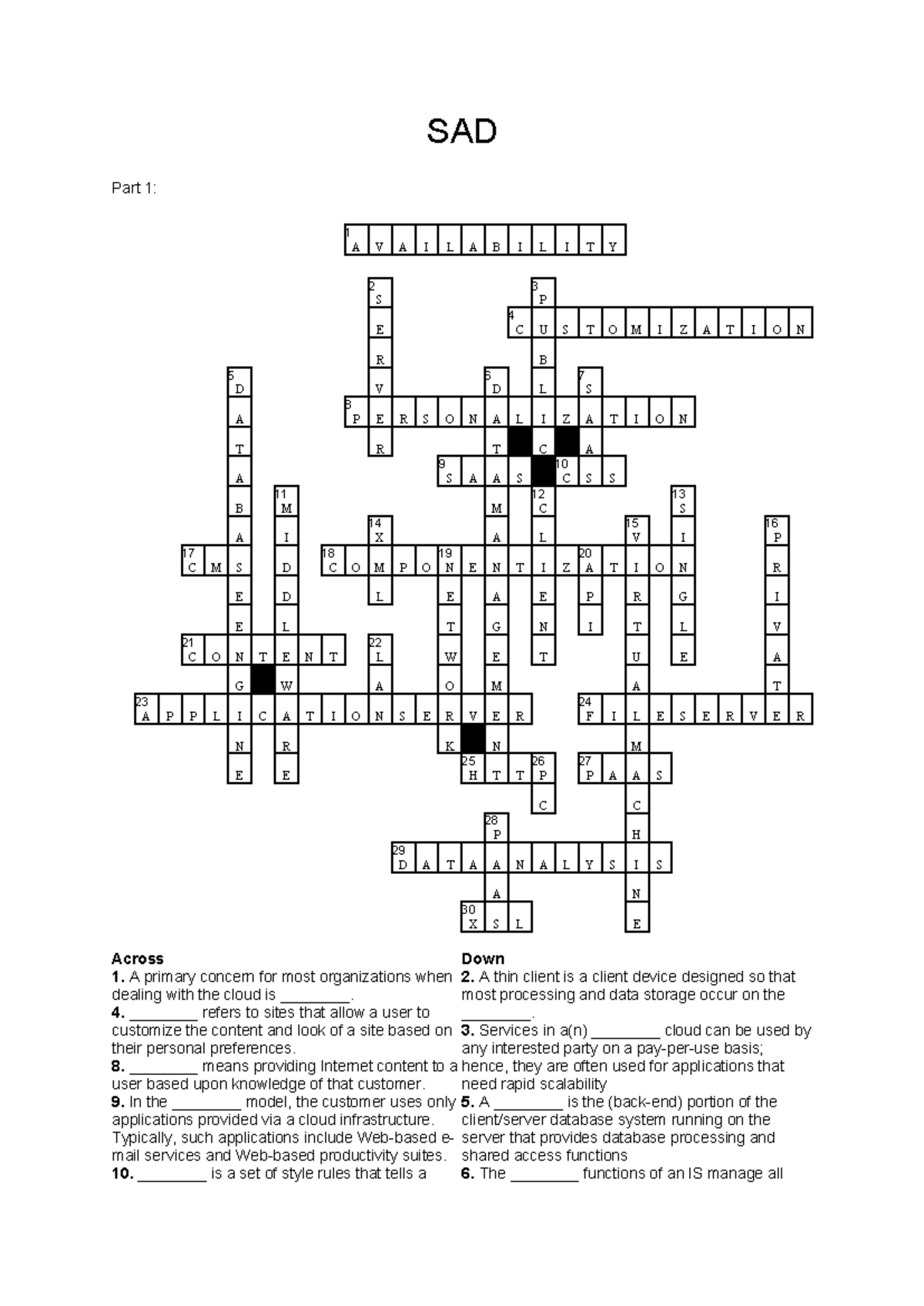SAD answer key - sad - SAD Part 1: 1 A V A I L A B I L I T Y 2 S 3 P E ...
