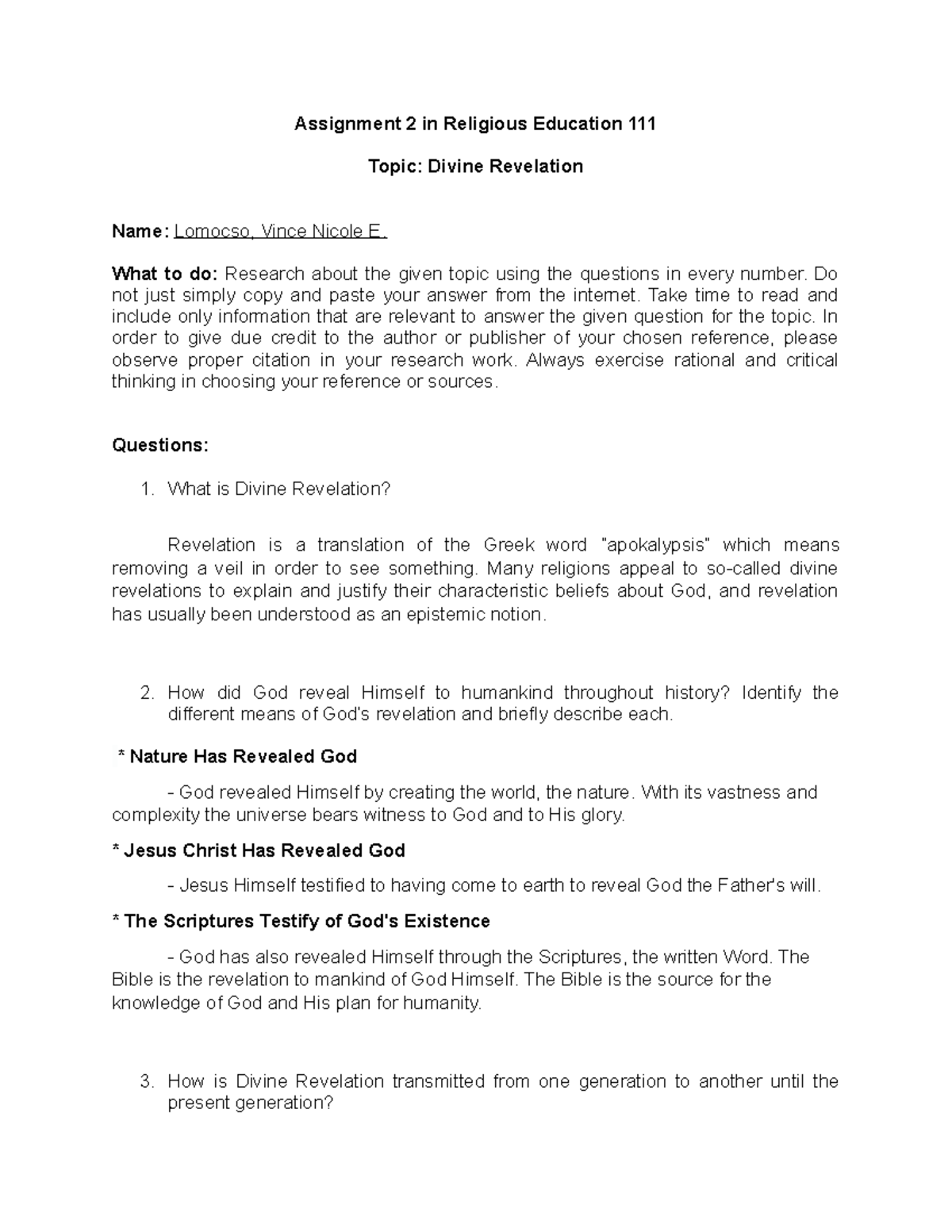 Lomocso RE111 Assignment #2 - Assignment 2 in Religious Education 111 ...