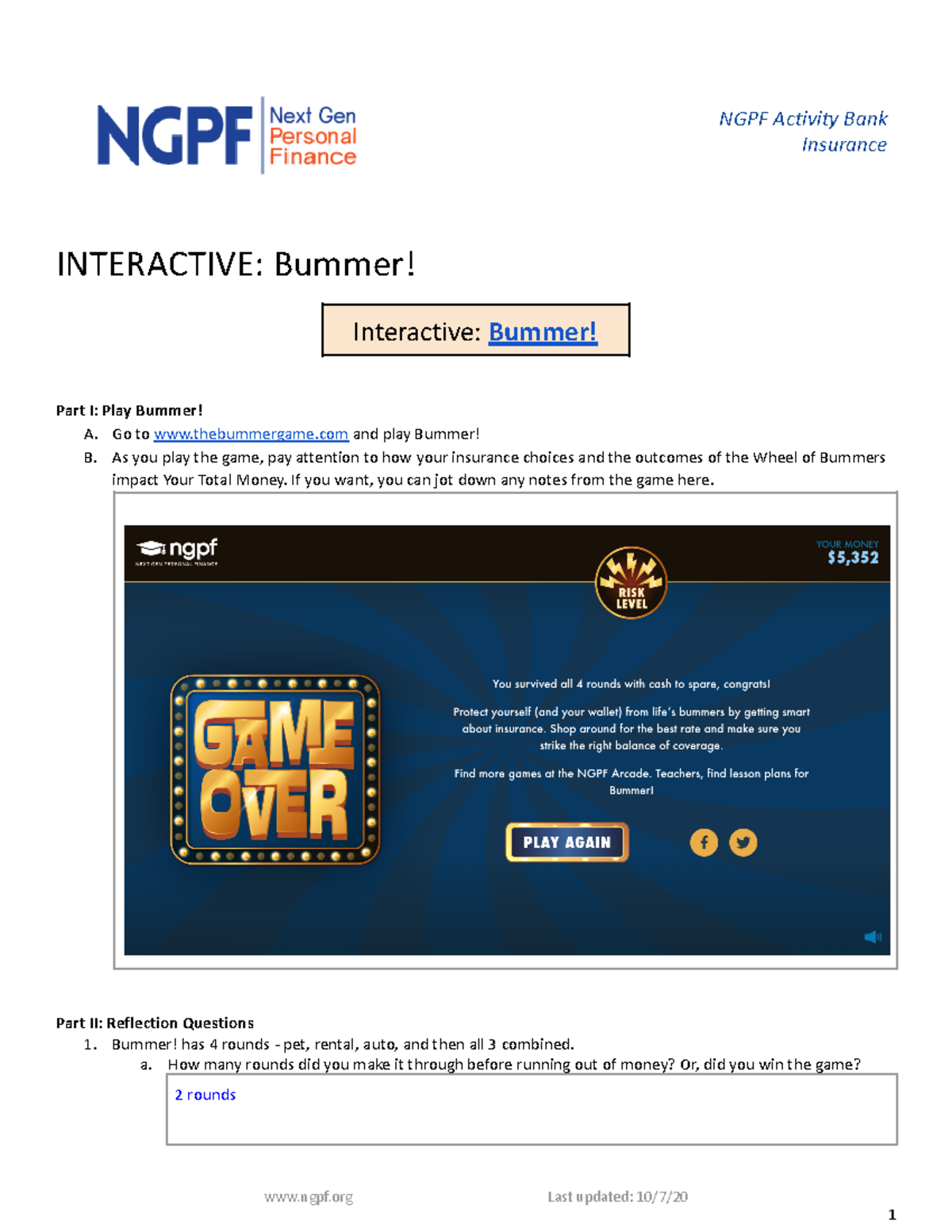 Economics and Personal Finance - Bummer - NGPF Activity Bank Insurance ...