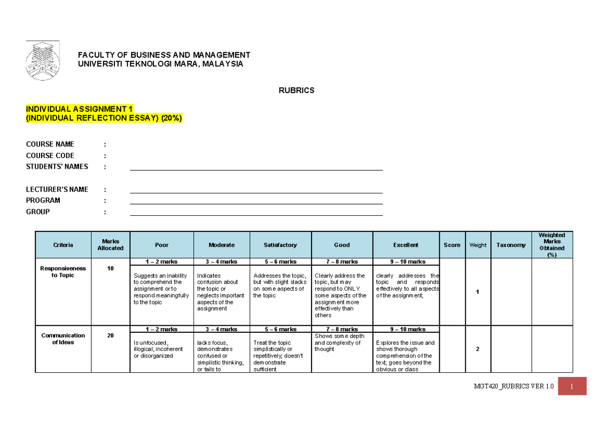Rubrics MGT420 - ASSIGNMENT - FACULTY OF BUSINESS AND MANAGEMENT ...