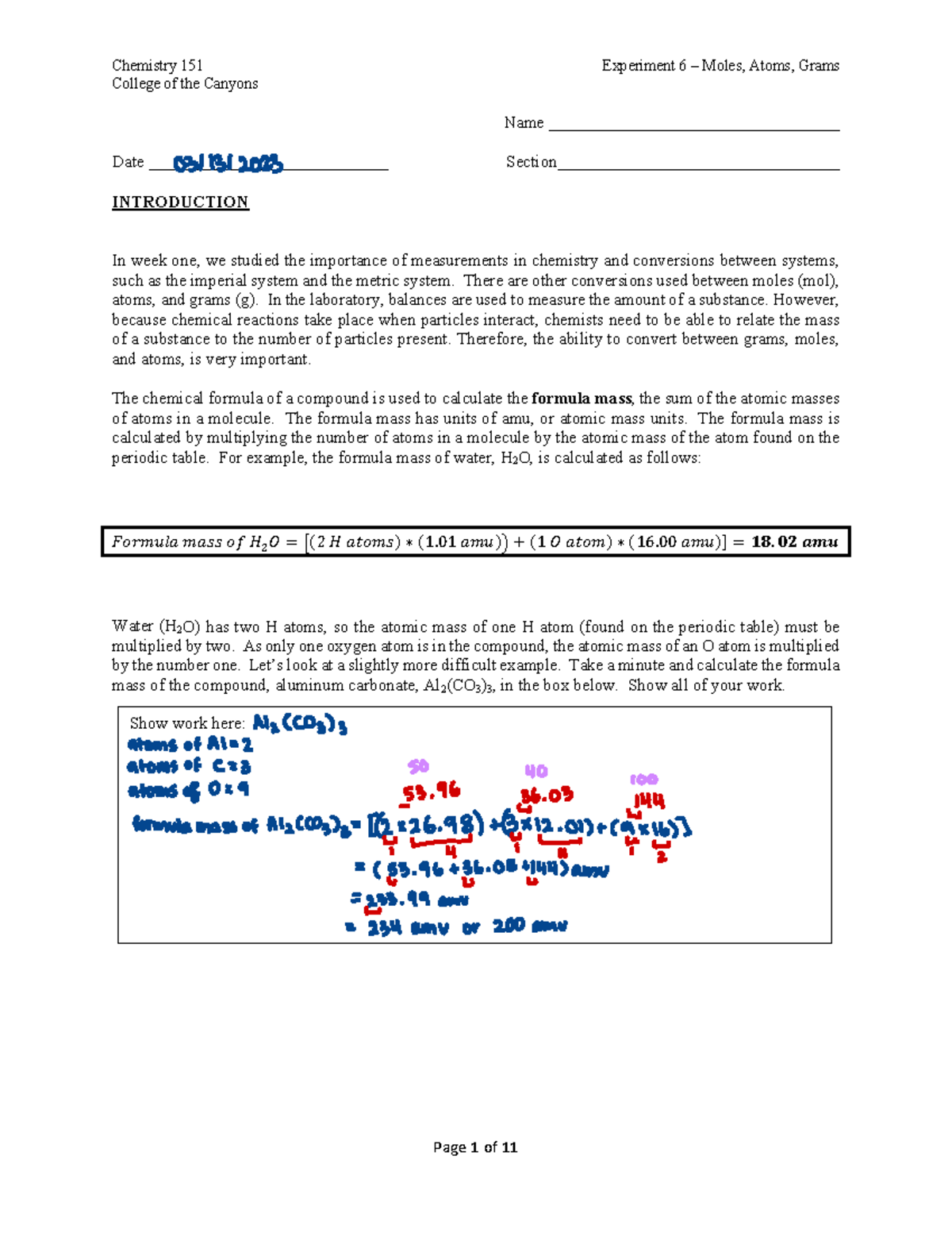 Experiment 6 - Formula mass and Avogadros number - College of the ...