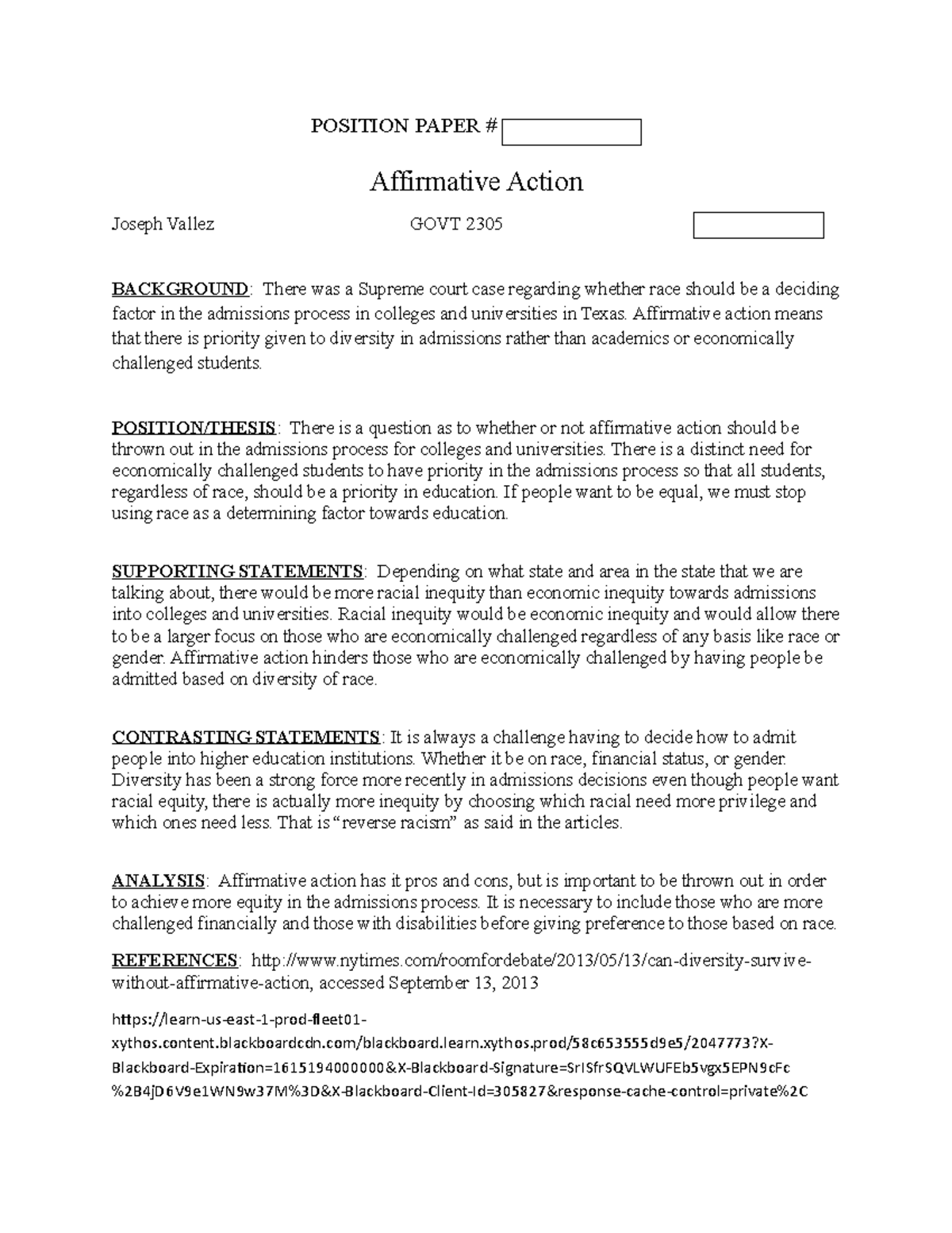 Positions paper 2 - POSITION PAPER Affirmative Action Joseph Vallez ...