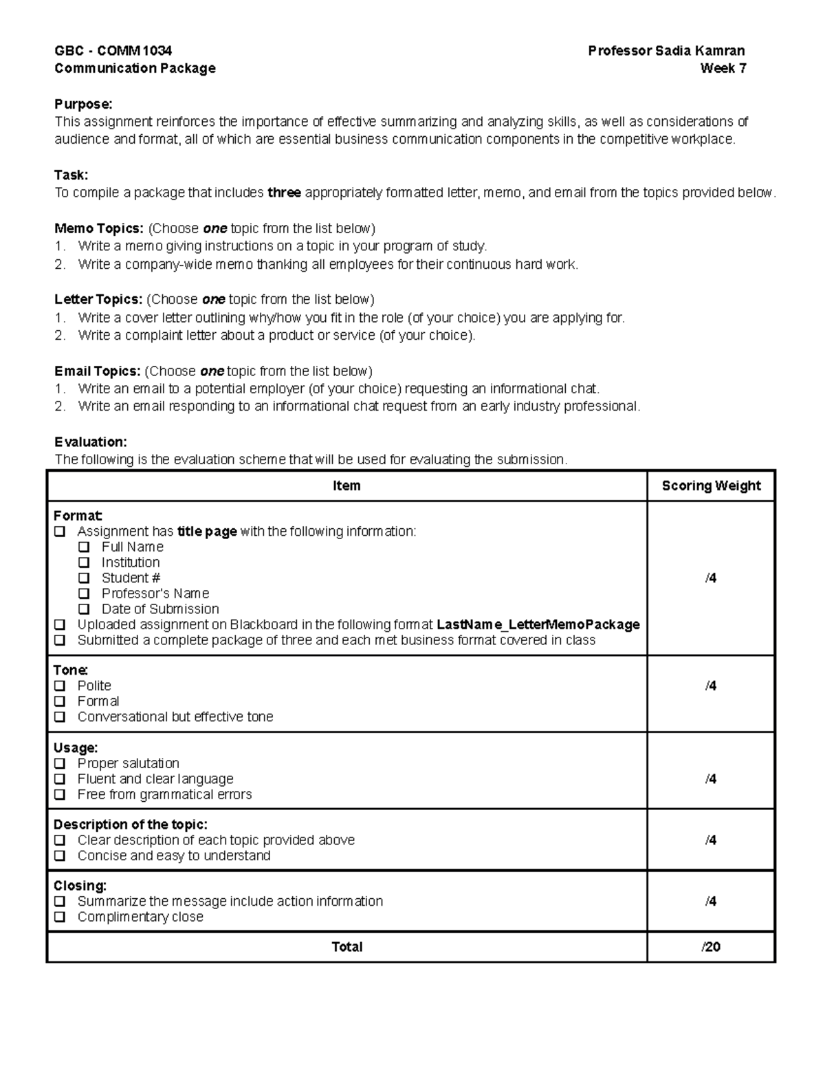 Assignment 2 Communication Package(1) - GBC - COMM 1034 Professor Sadia ...