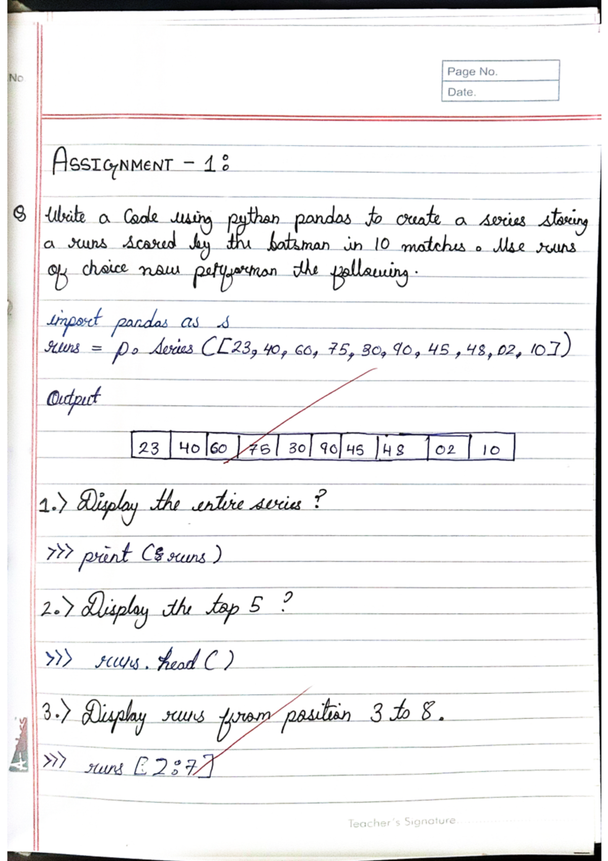 Ip practical - Inquiry - Page No. No Date. ASSIGNMENT 1: Write a Code using pythan pandas to ...