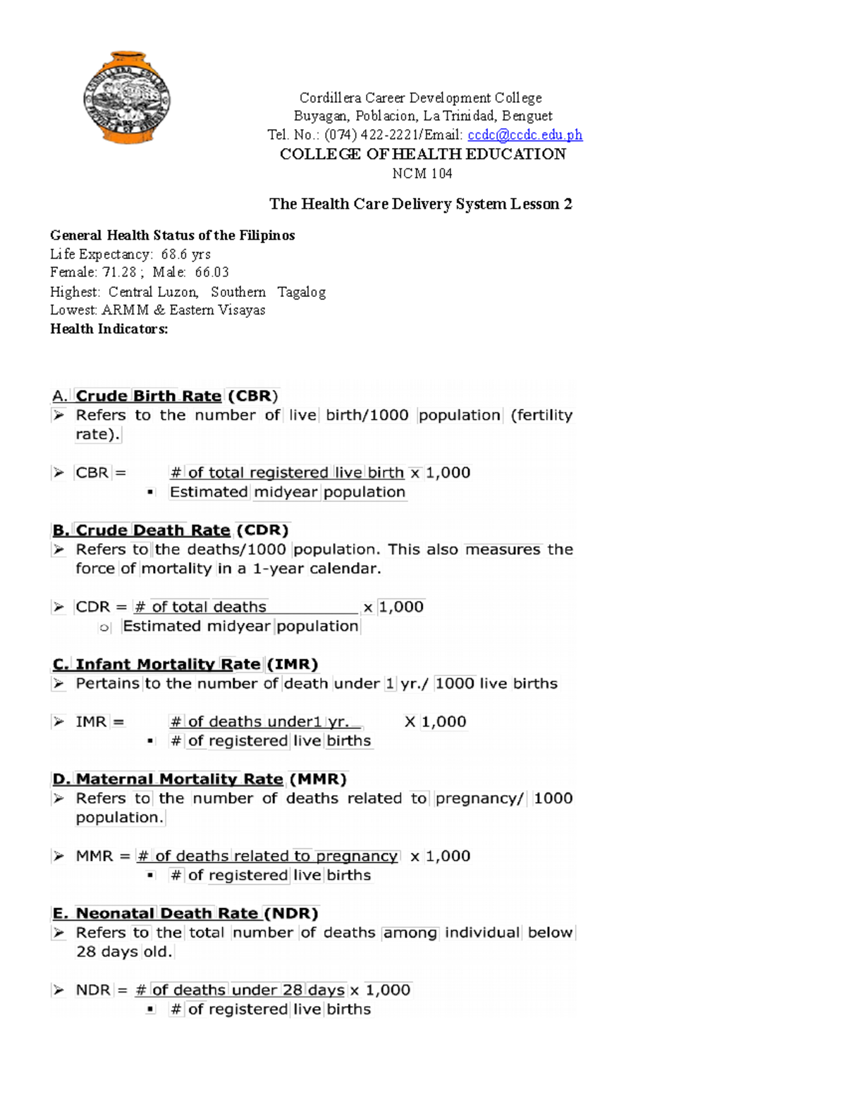 Handout-CHN1-Lesson 2 - Cordillera Career Development College Buyagan ...