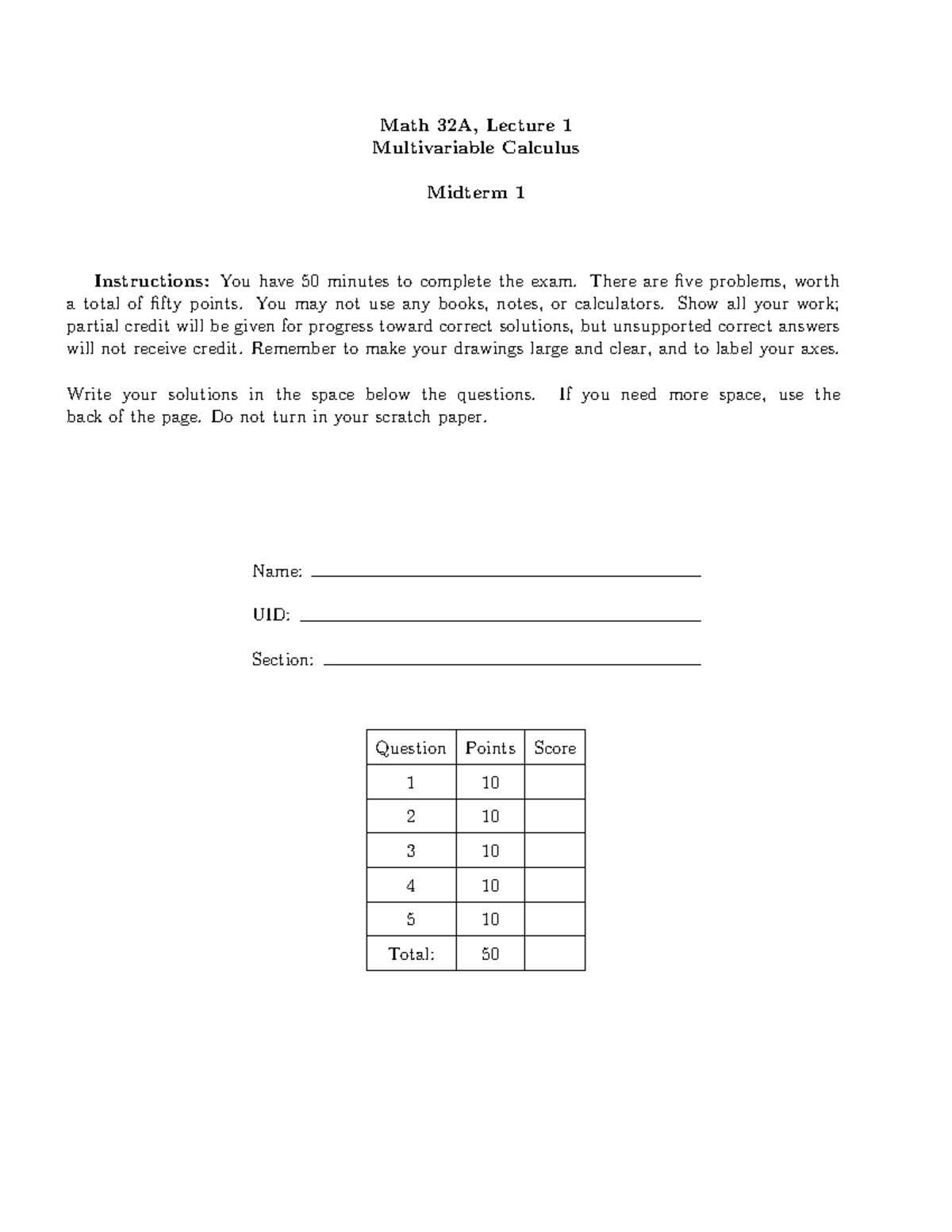 Math 32A Midterm 1 - multivariable calculus part, cross product, rightt ...