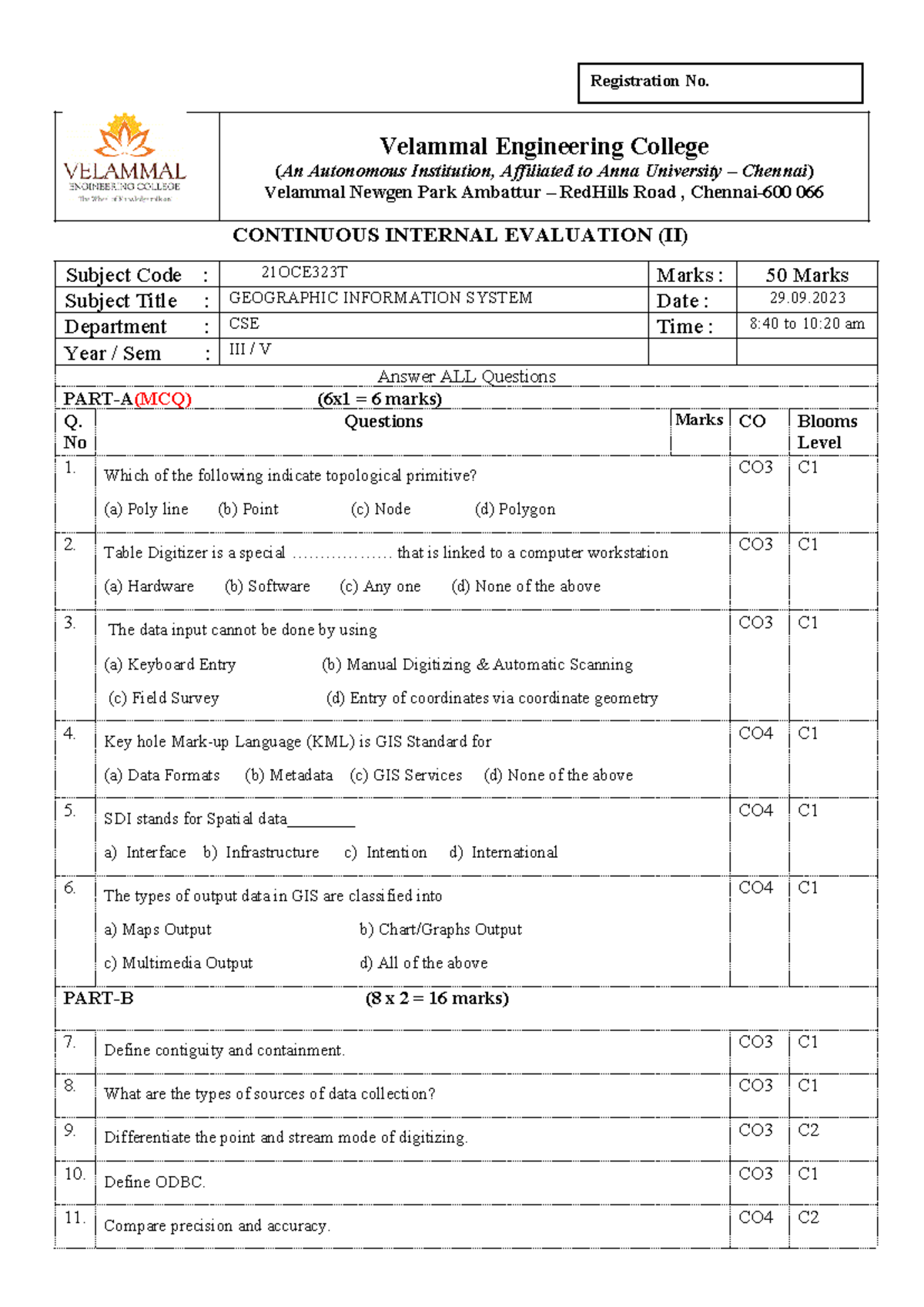 GIS CIE2 QP - SET2 - geographic information system (oce552) - Edit - Velammal Engineering ...