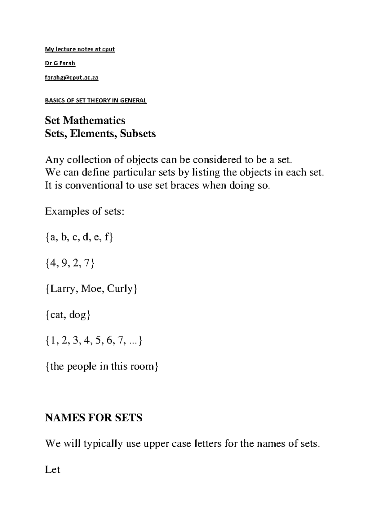 Basics OF SET Theory IN General - My lecture notes at cput Dr G Farah ...