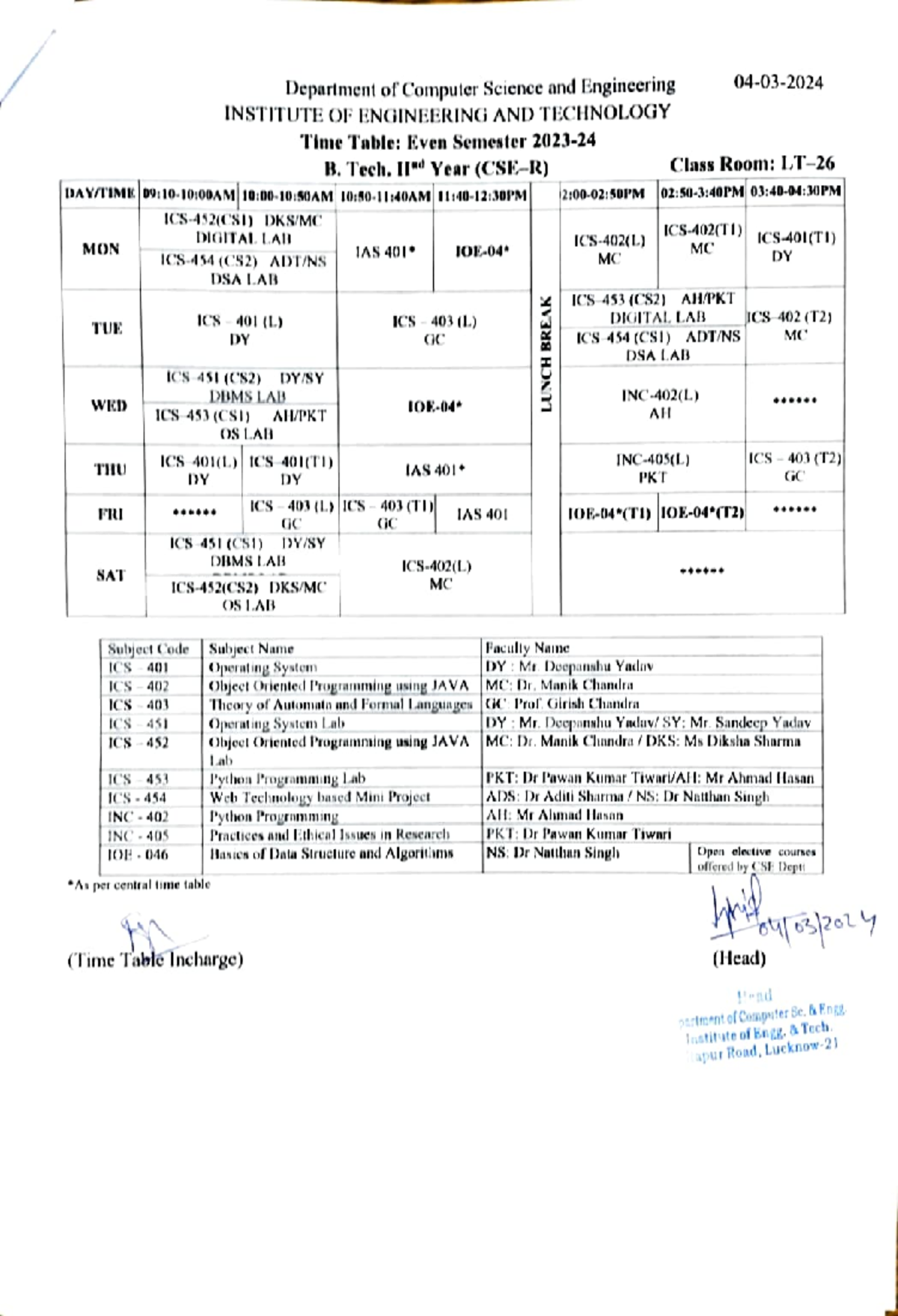 Btech II YEAR (CSE-R) TIME Table 2023-24 - MON DAY/TIMK 09:10-10:00AM ...