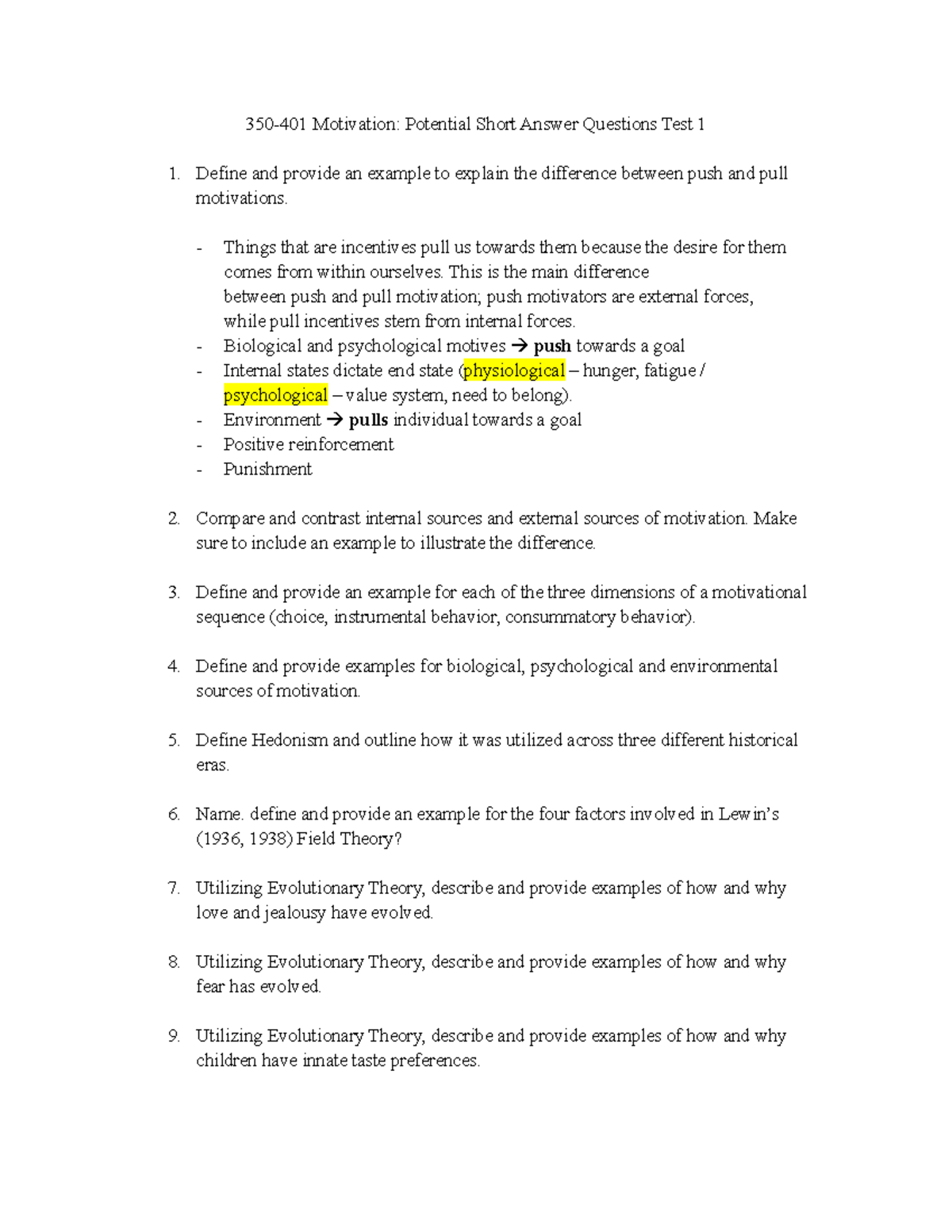 Motivation Test #1 - 350-401 Motivation: Potential Short Answer ...
