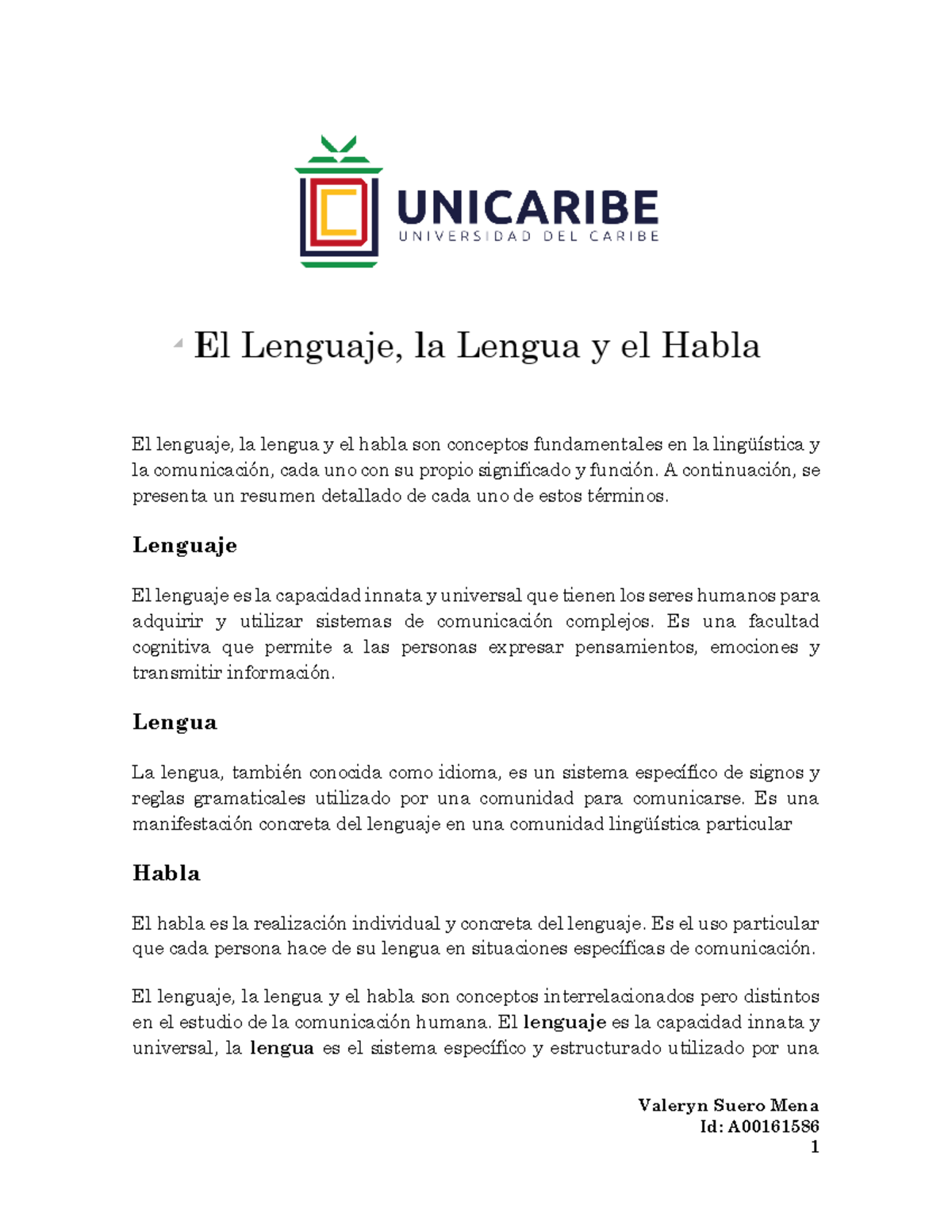 Unidad 1. Actividad 3. El Lenguaje, la Lengua y el Habla - Valeryn ...