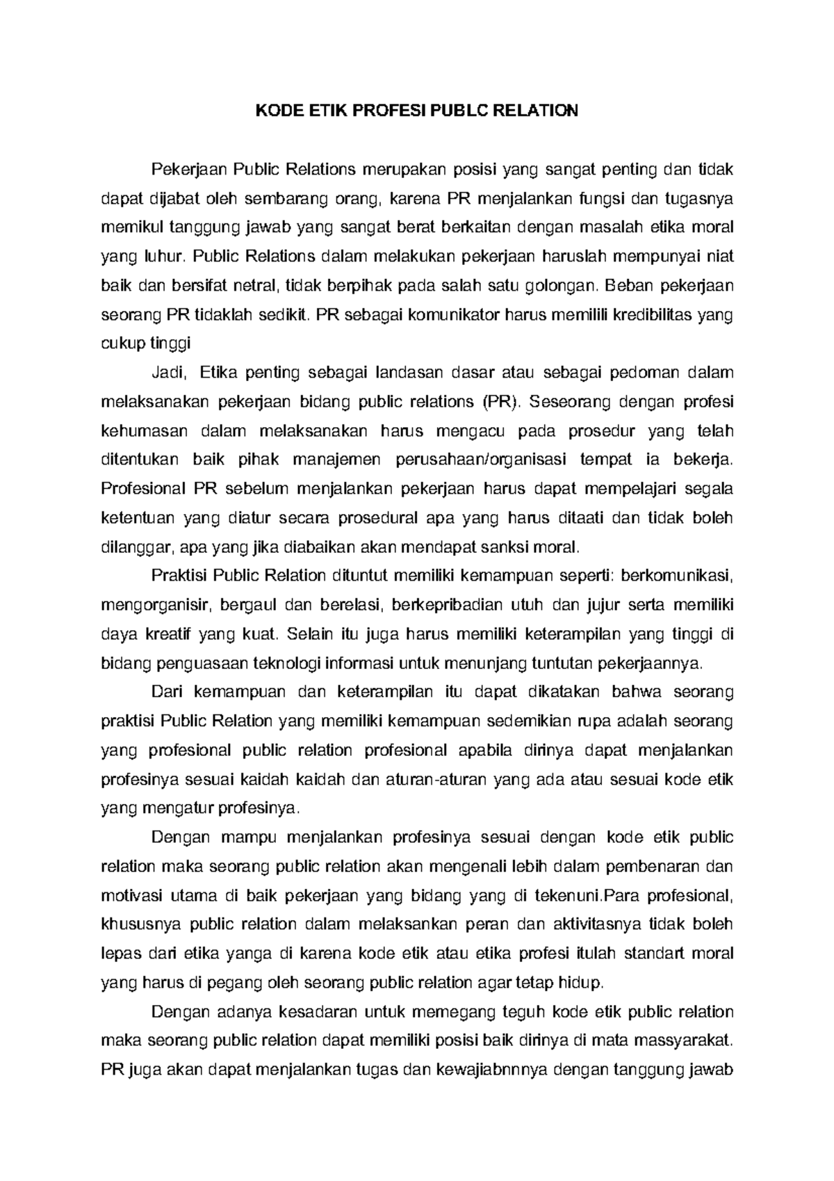 Kode Etik Public Relations - KODE ETIK PROFESI PUBLC RELATION Pekerjaan ...