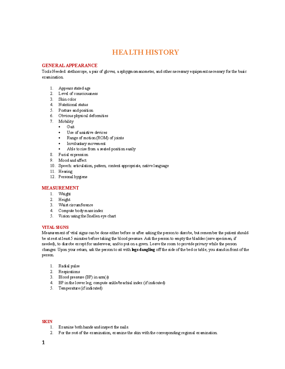 HEAD TO TOE FULL Health History - HEALTH HISTORY GENERAL APPEARANCE ...