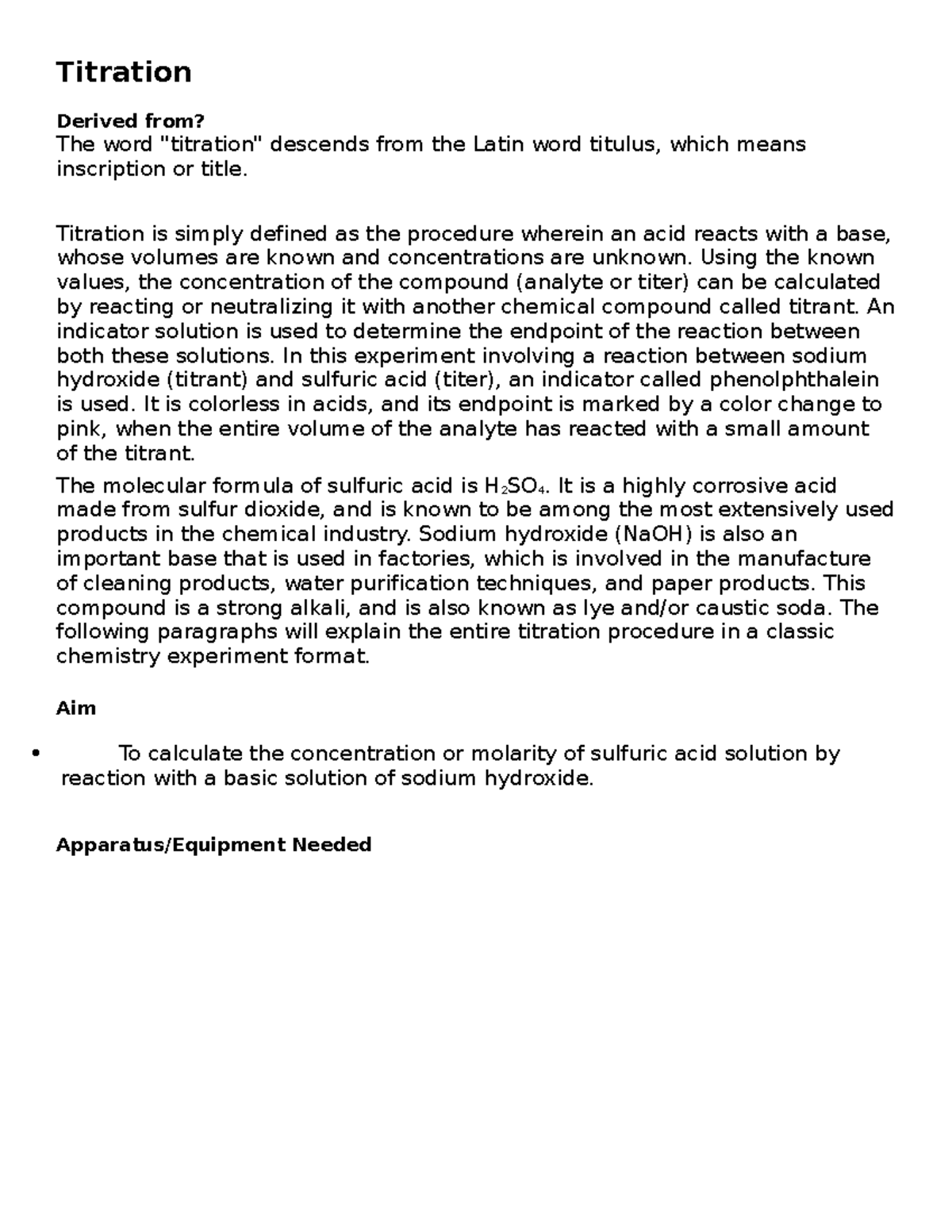 Experiment - H2SO4 Titration with Na OH - Titration Derived from? The ...