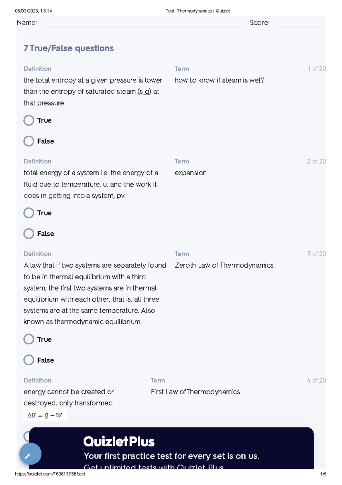 Test Thermodynamics Quizlet - Name: Score: 7 True/False questions ...