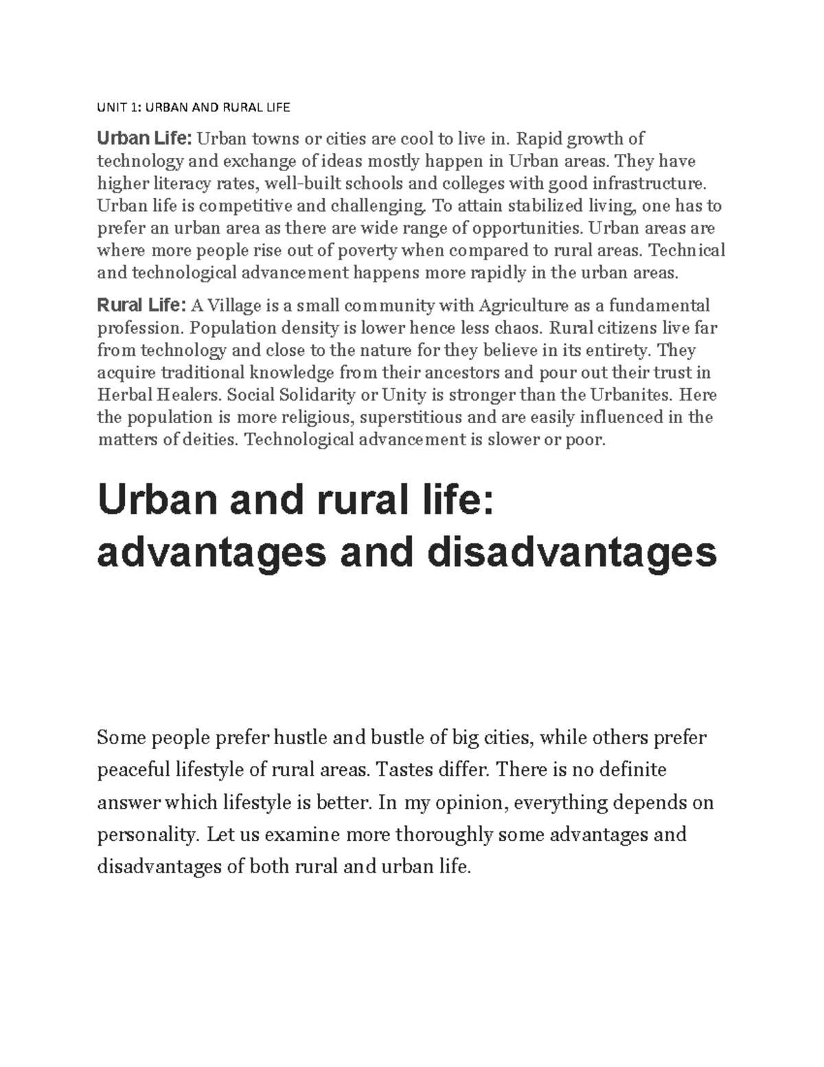 UNIT 1 - fewfewfew - UNIT 1: URBAN AND RURAL LIFE Urban Life: Urban ...